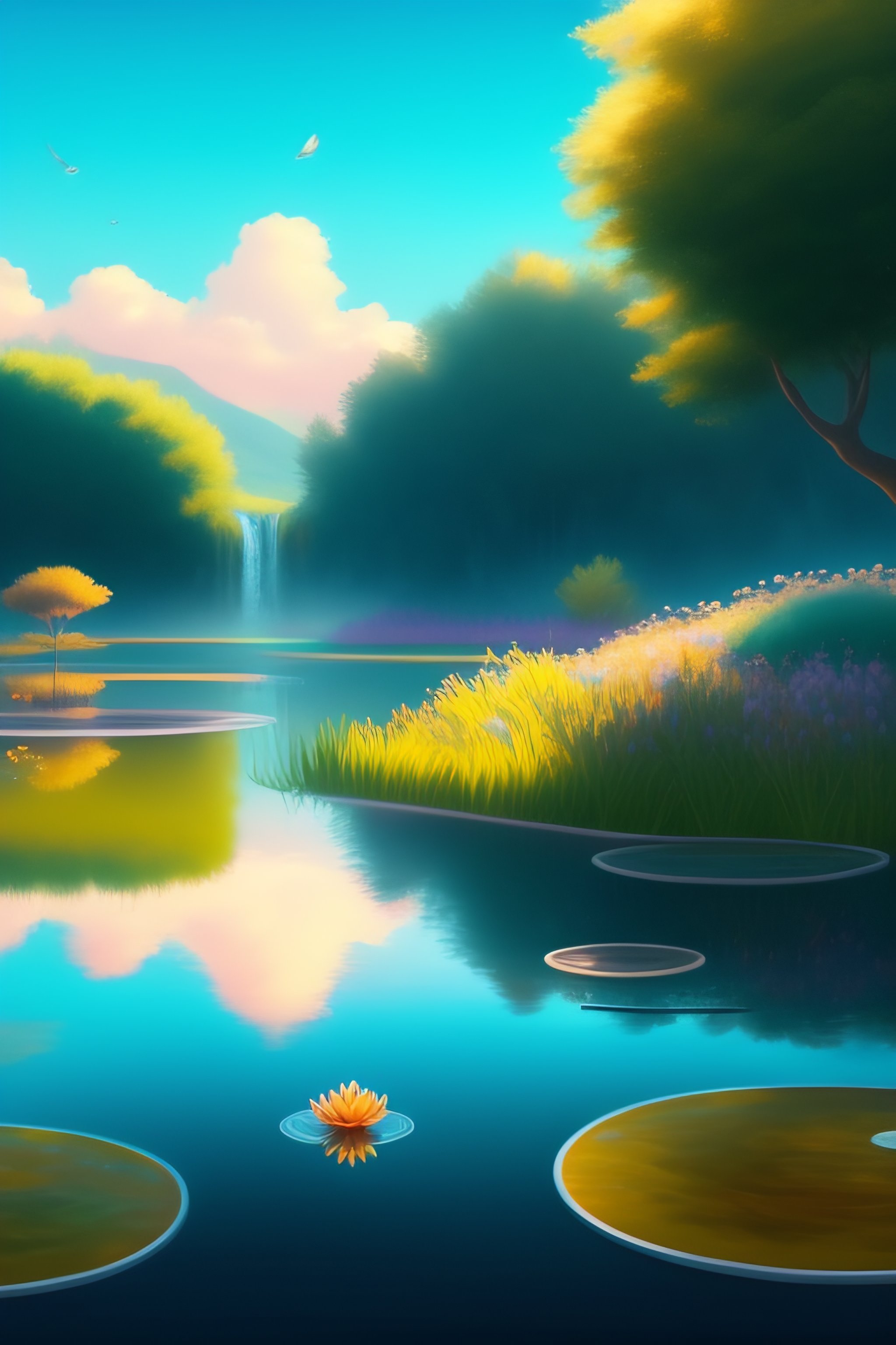 Lexica - View of gorgeous pond with a lot of small water ripples, happy ...