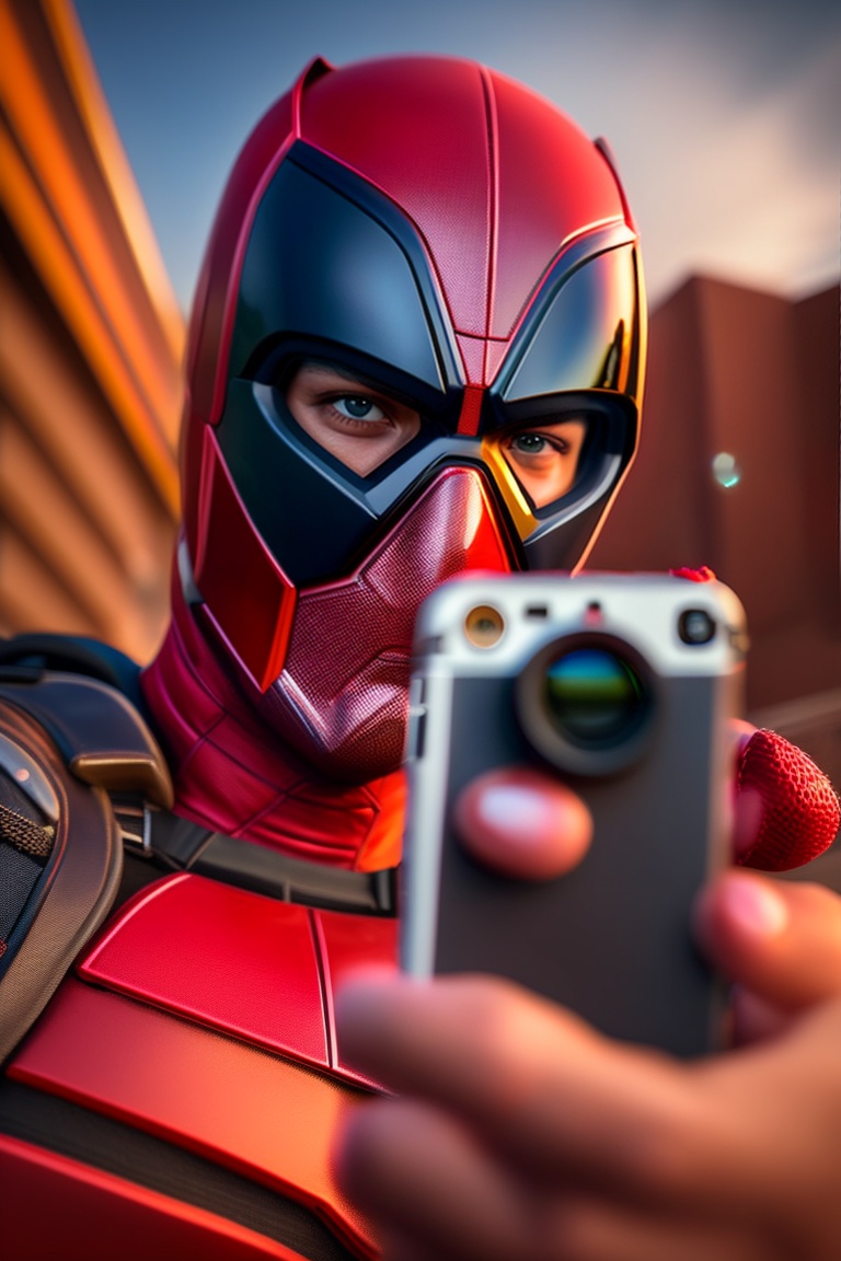 Lexica - Marvels Deadpool taking a selfie with a GoPro in Los Angeles, a selfie, one hand ...