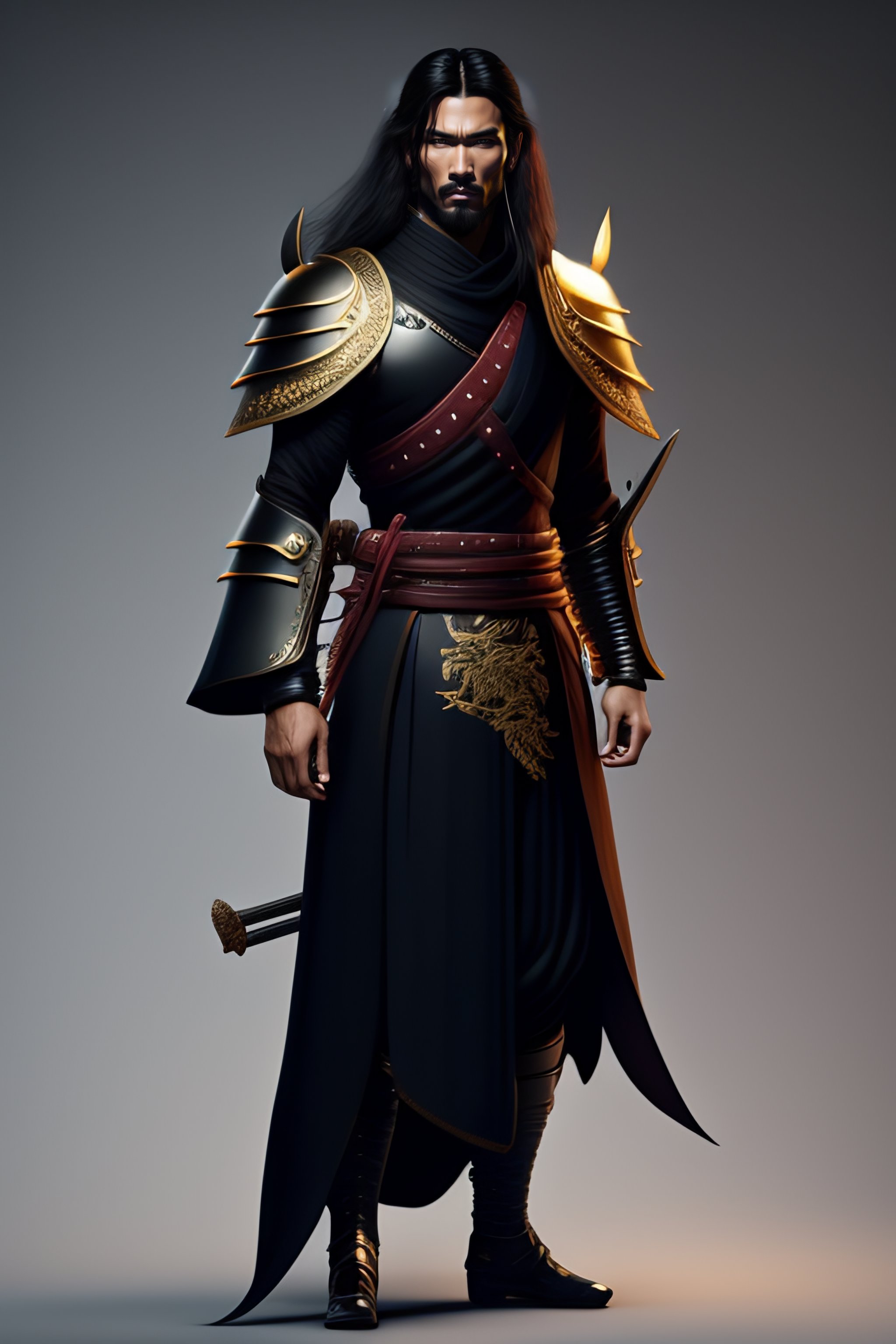 Lexica - One hand samurai, black clothes, 8k, cyber catana, tall man ...