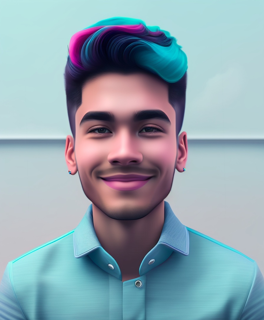 Lexica - 20 year boy, little smile, pink nad Cyan colour t-shirt, --ar 2:3