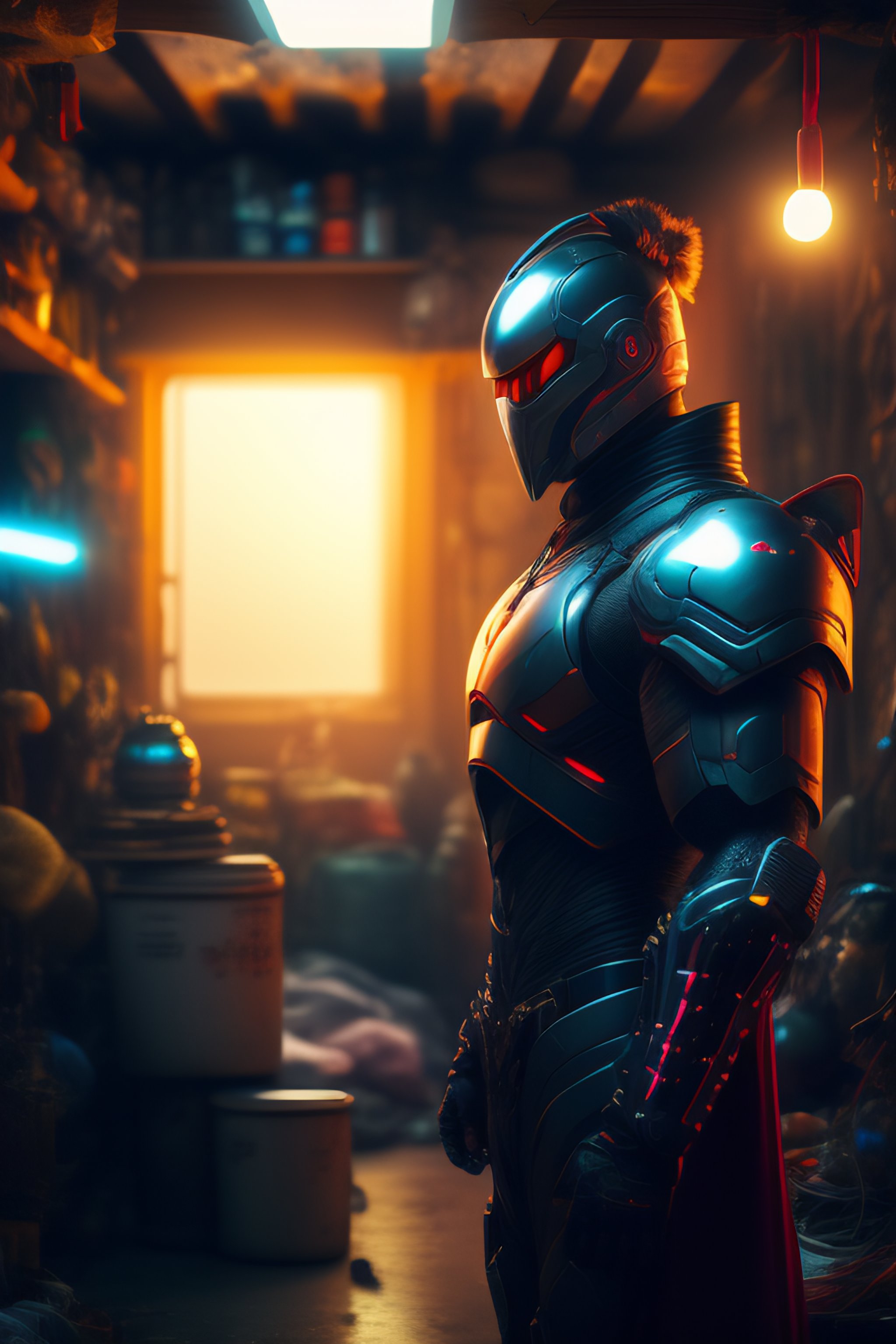 Lexica - Wide angle Environmental shot of evil Cyborg in a cluttered ...