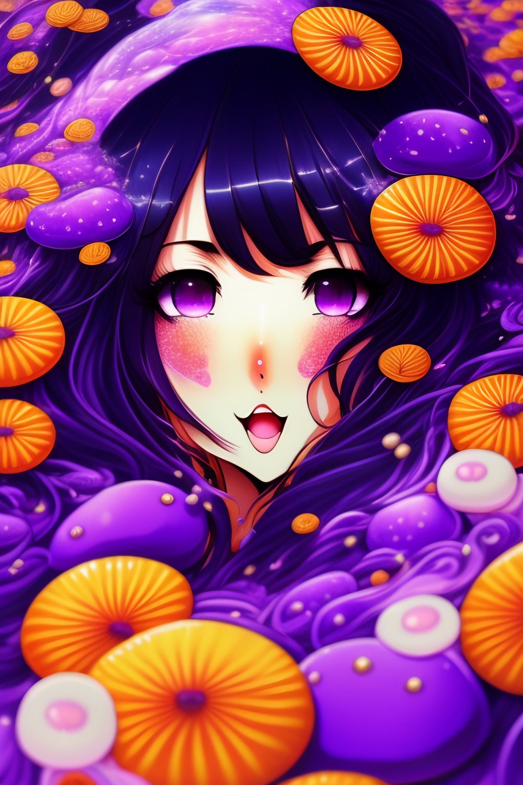Lexica - A manga girl tripping on shrooms drowning in mushrooms, smile ...