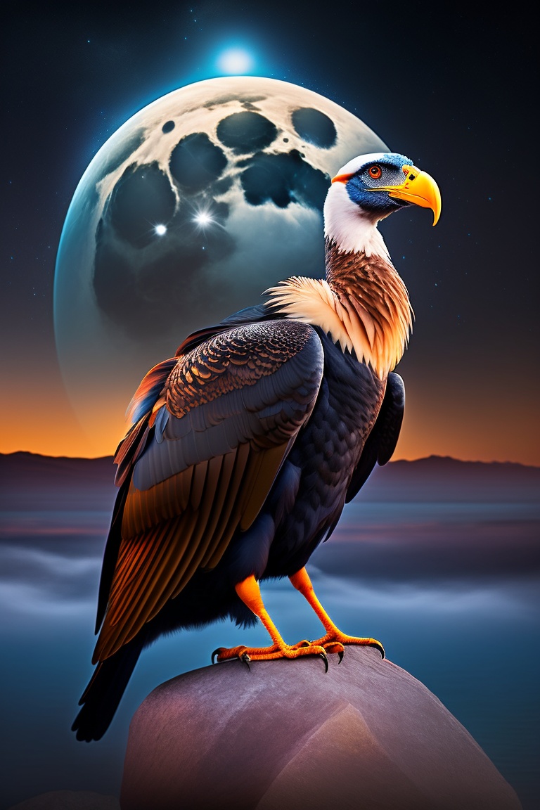 Lexica - Old vulture sitting on a rock, big moon behind the vulture in ...