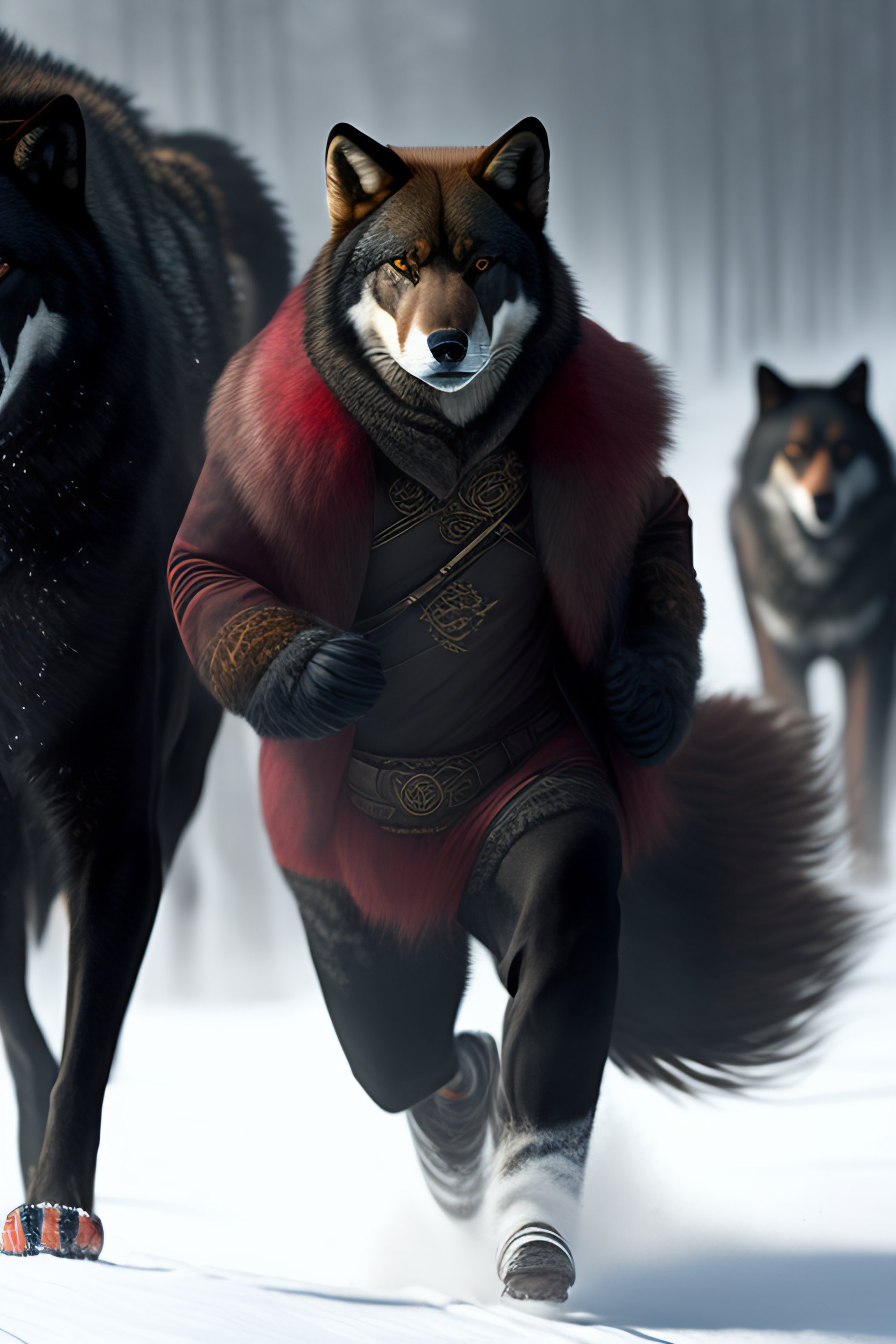 Lexica - Red haired man dressed in furs running with a pack of black ...