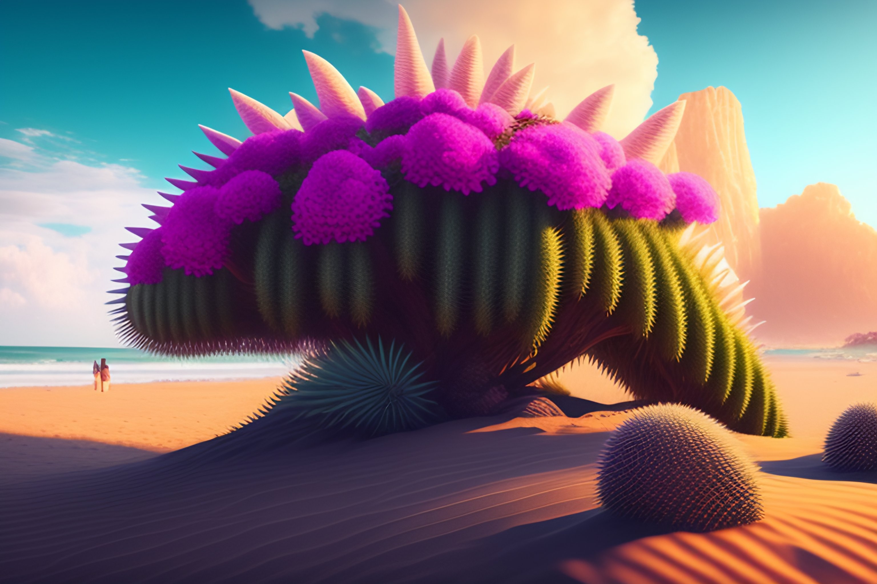 Lexica - Giant spiky cactus monster creature on tropical beach sand ...