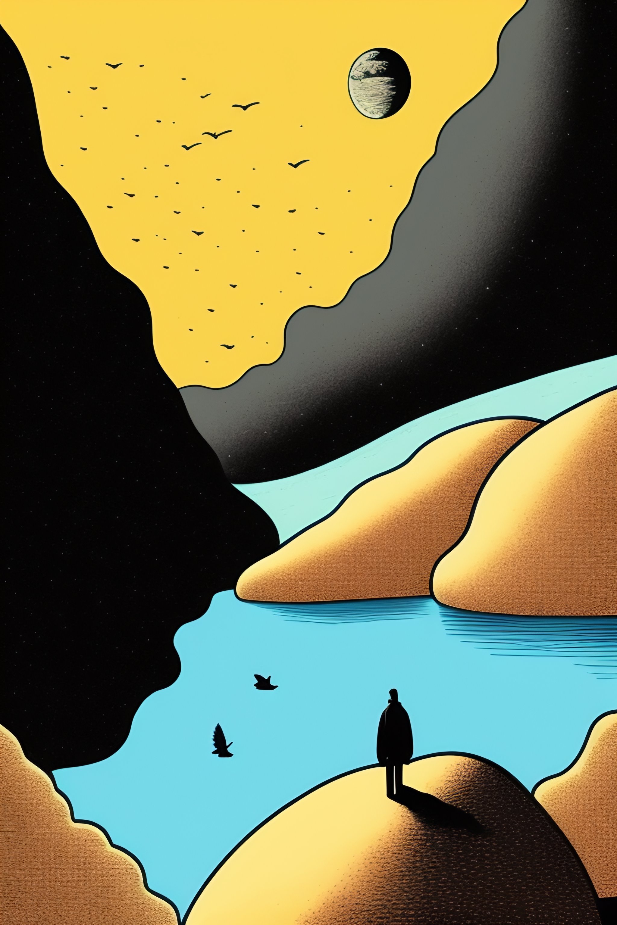 Lexica - A alone man. pen and ink, birds eye view, illustrated by hergé ...