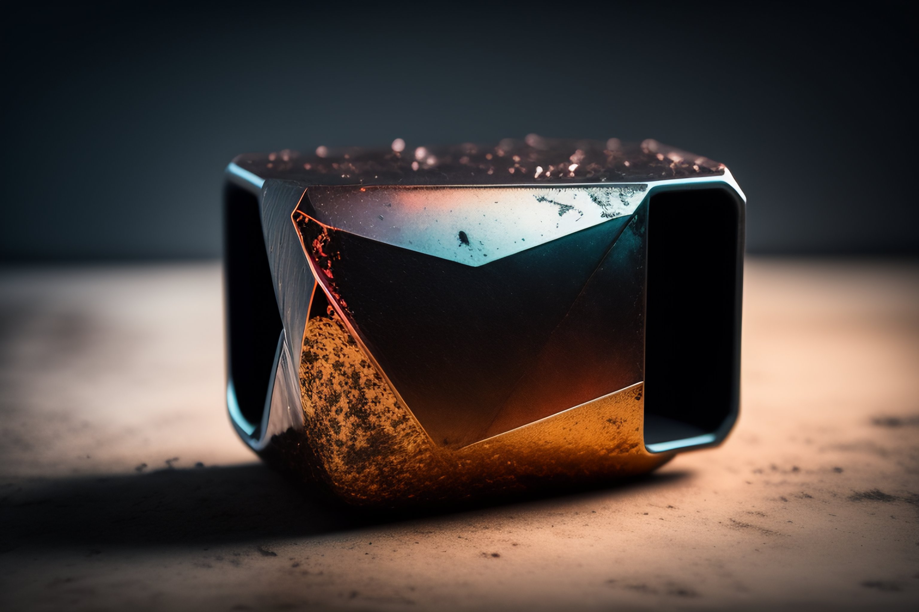 Lexica - Corroded metal prism with markings etched onto its surface ...