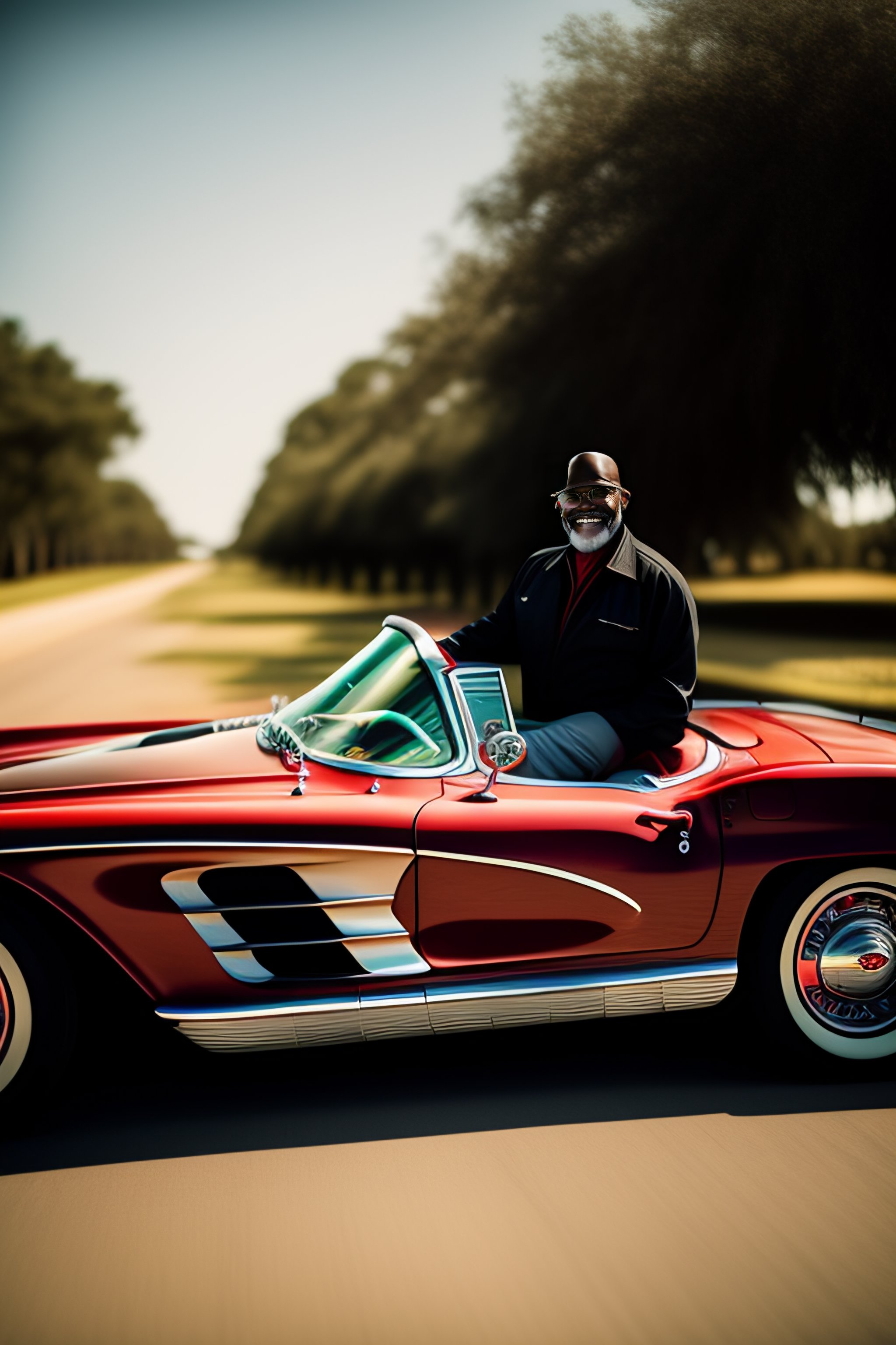 Lexica - Old bald black man with a grey beard, driving a red 1960 ...