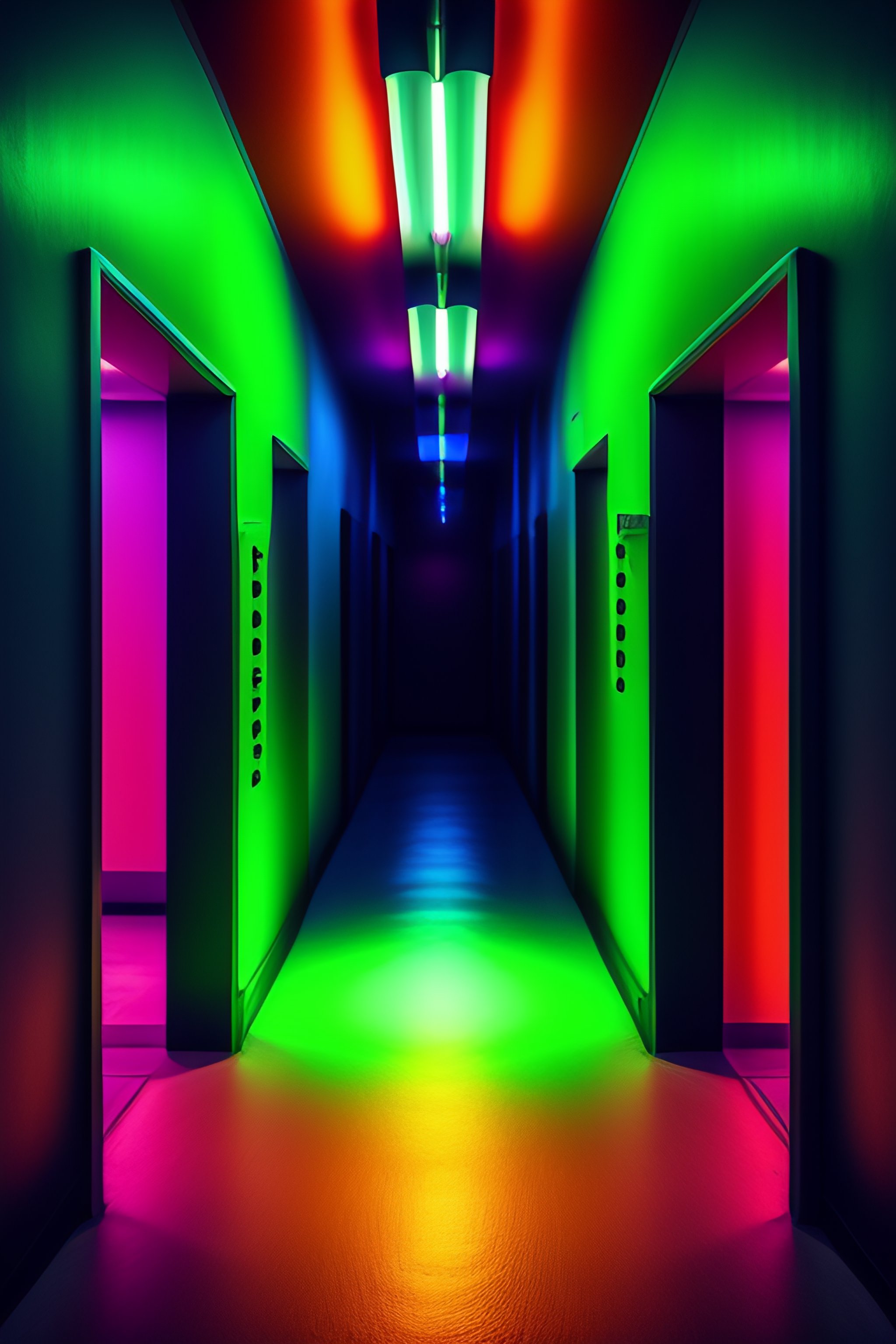 Lexica - A dark concrete hallway with trippy neon paths
