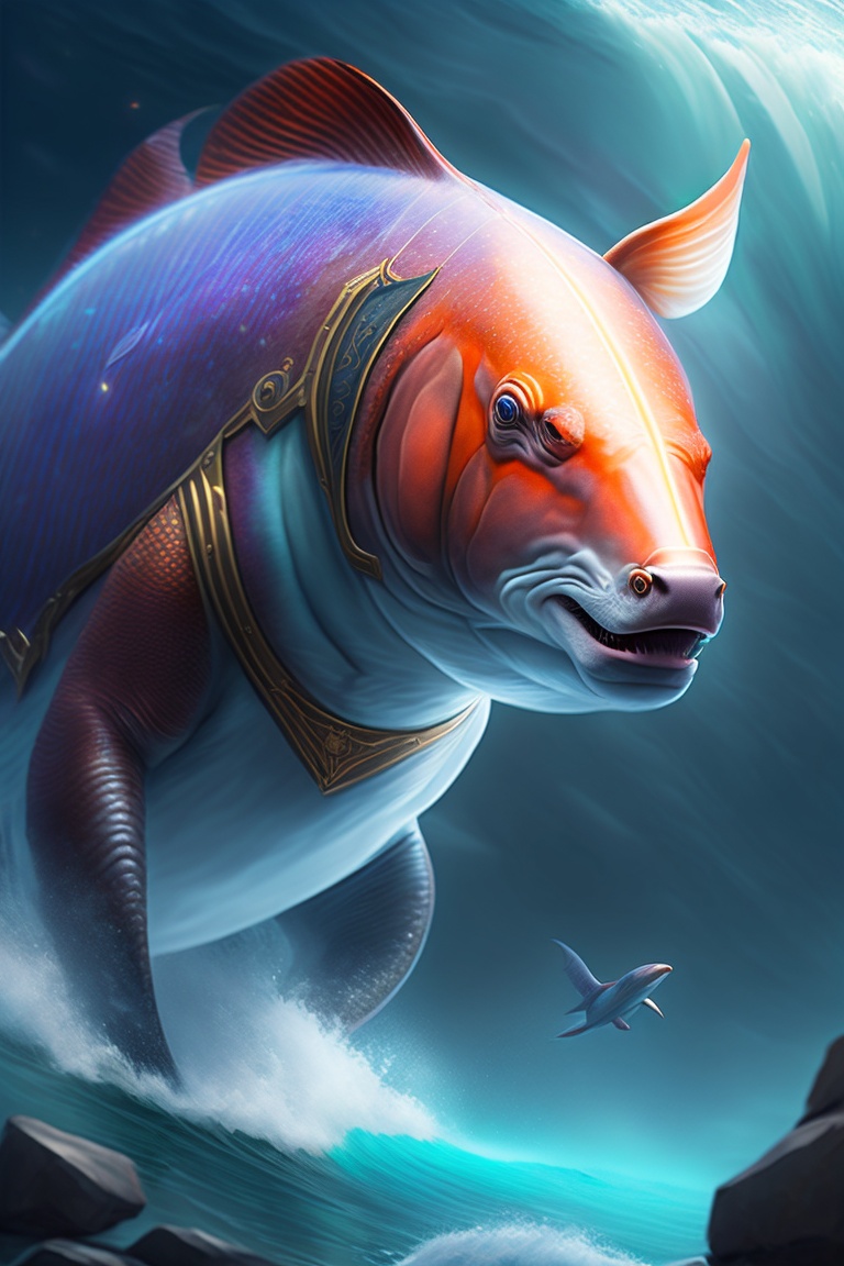 Lexica - Giant salmon, wizard, fantasy style, epic, light armor