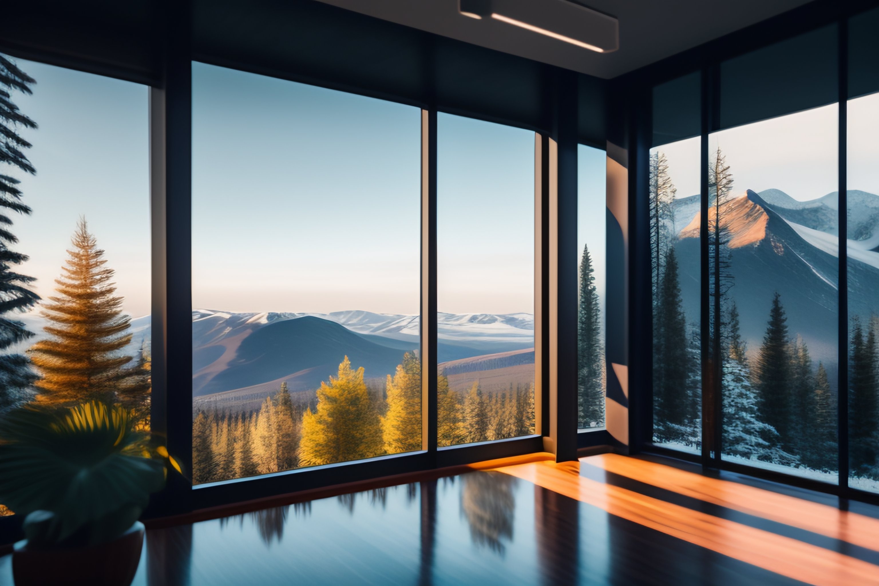 Lexica - Office interiors with vegetation view mountain with snow