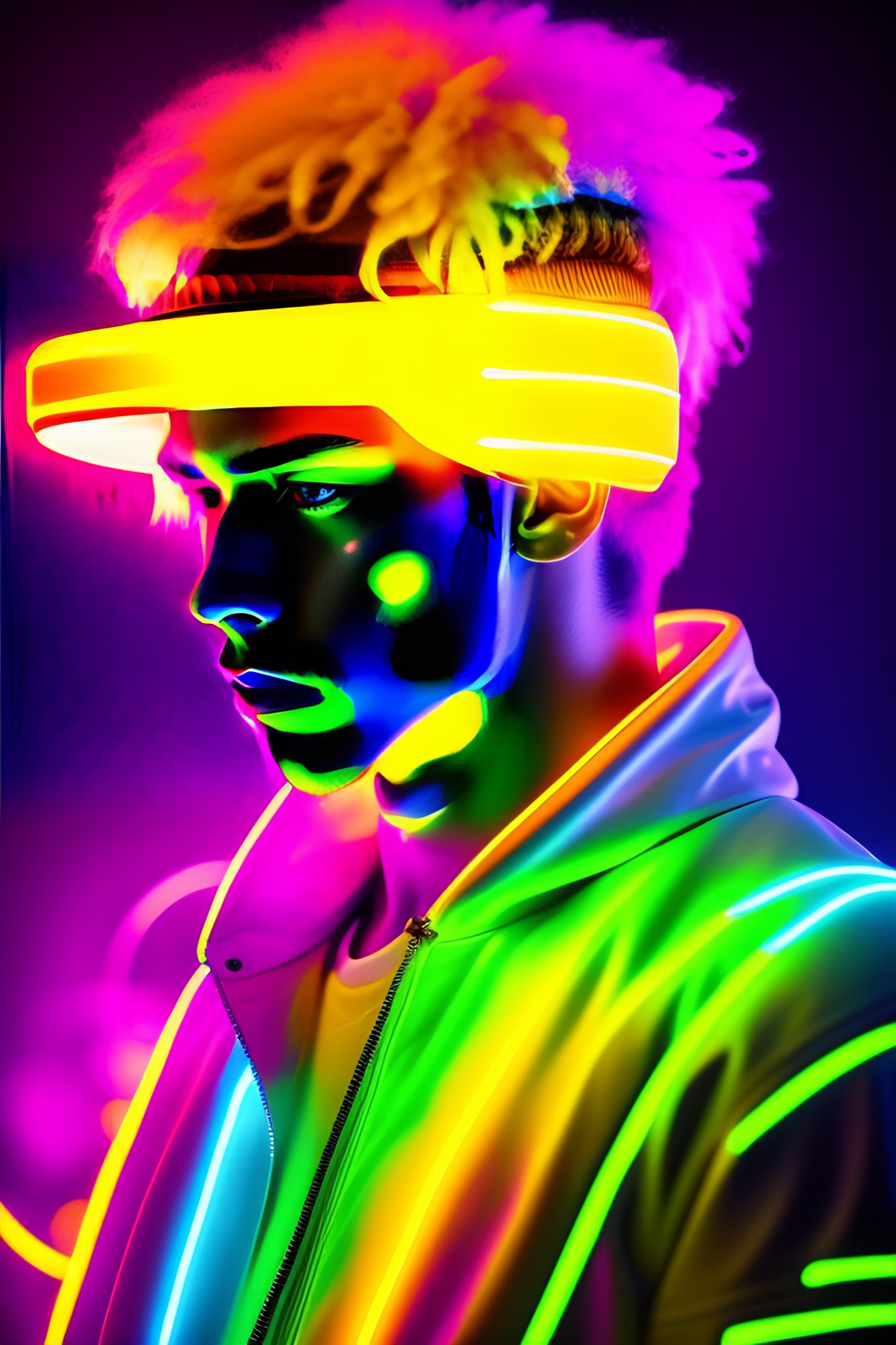 Lexica - Young man with futuristic clothes, neon, leds, insane