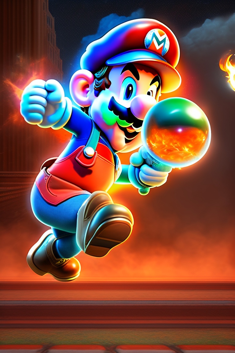 Lexica - Mario bros with fireball in hand, epic position, m7