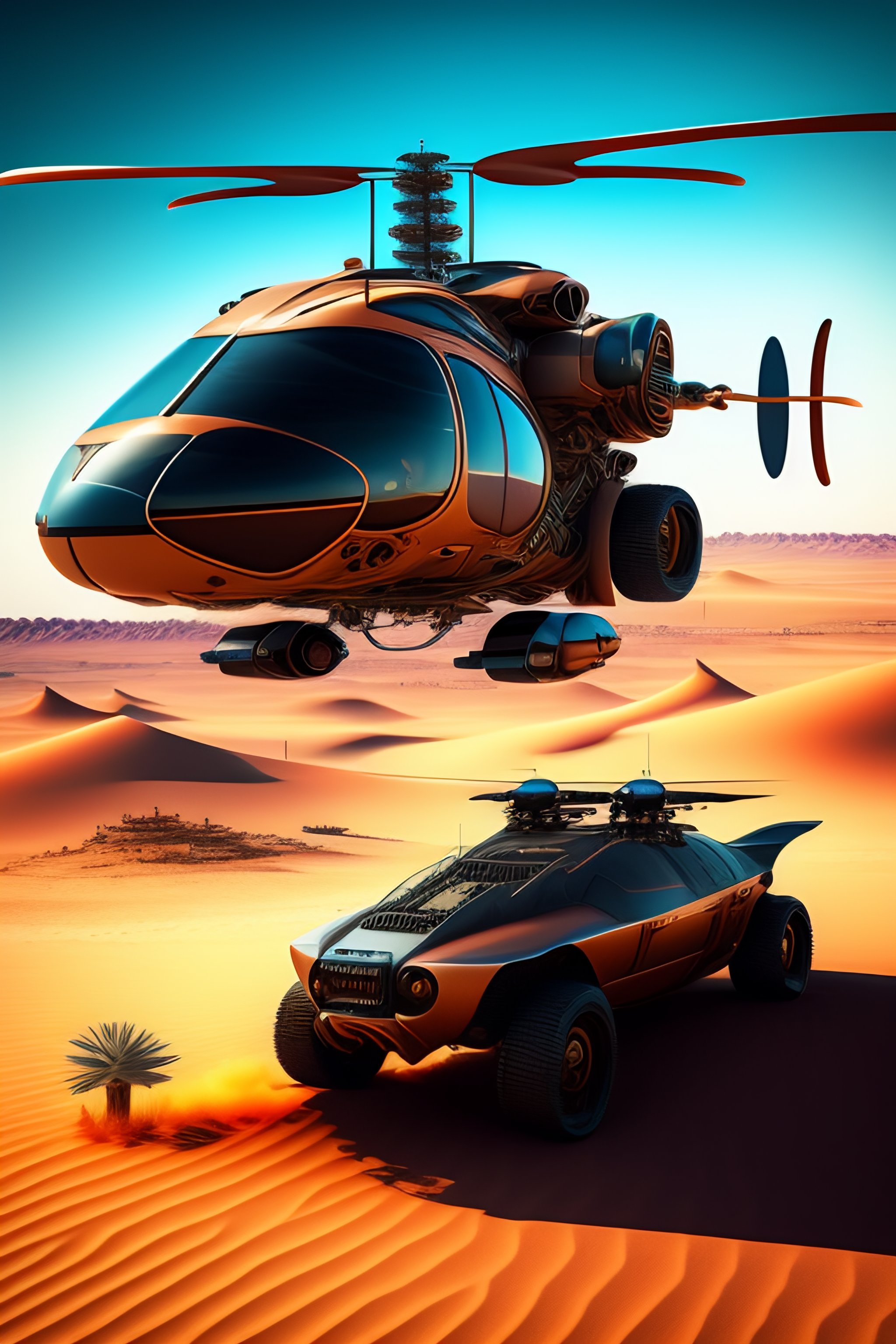 Lexica - Cyberpunk flying helicopter flying through the desert in ty ...