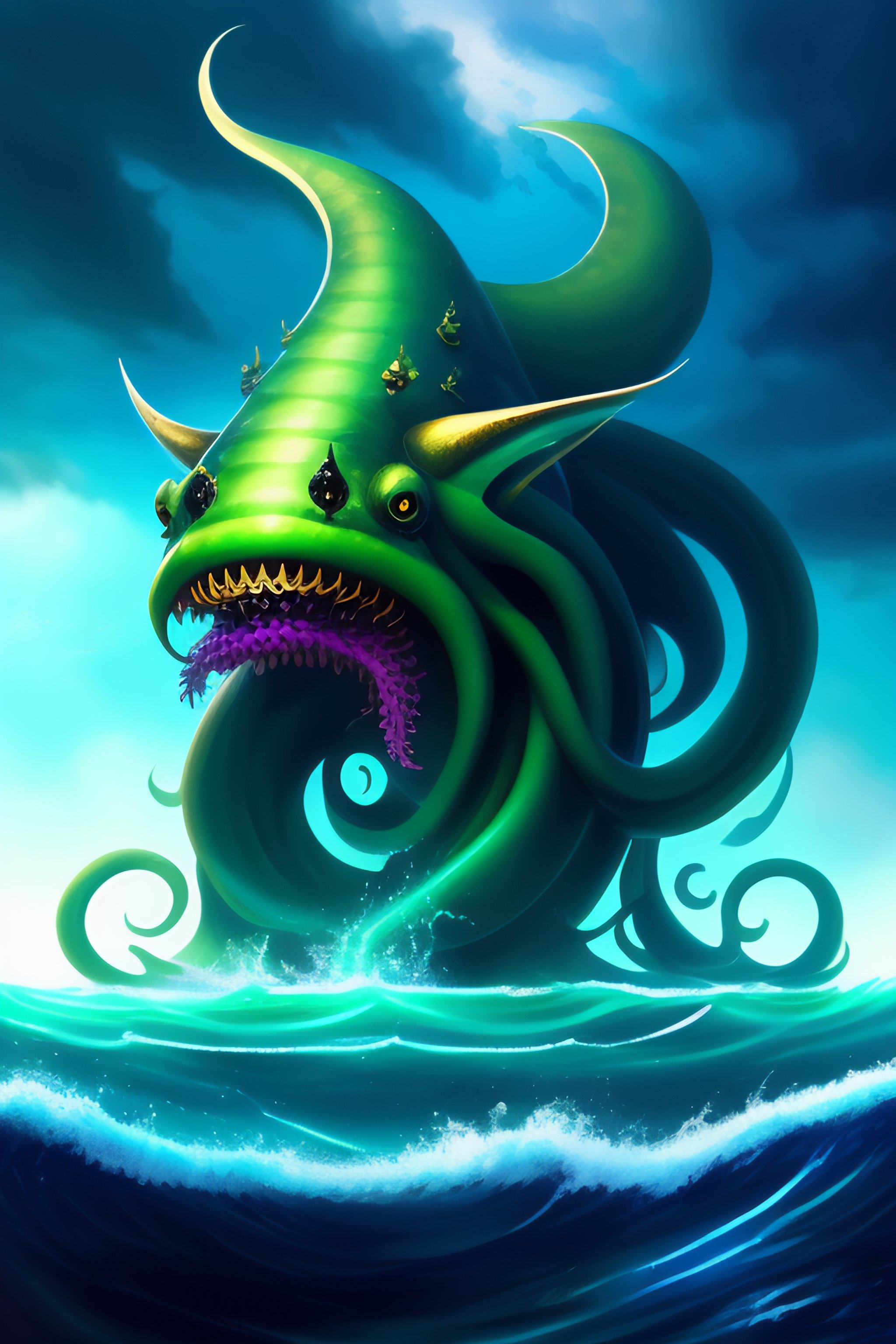 Lexica - A mean baby kraken in the art style of magic the gathering with an ocean background