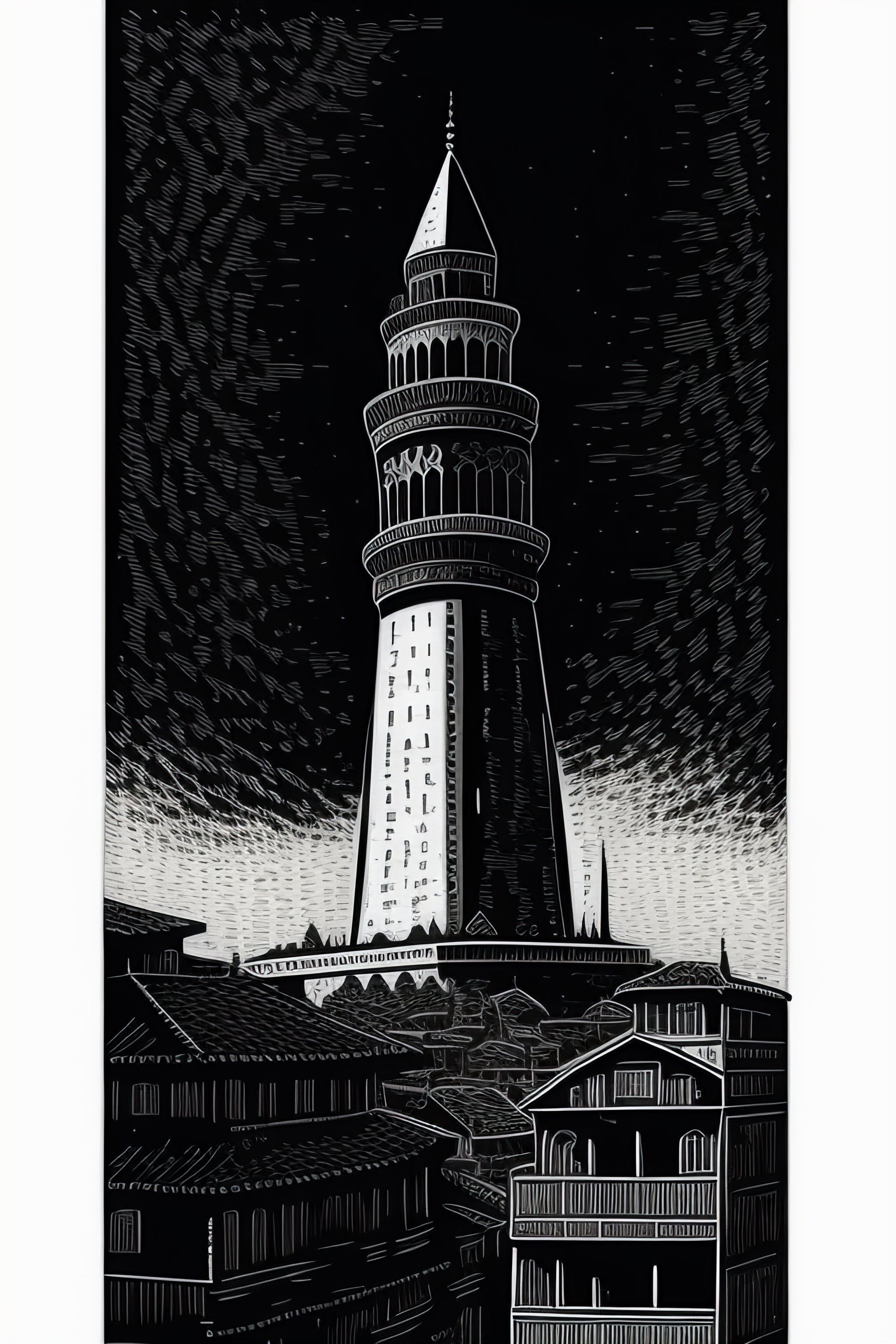 Lexica - An ultra detailed linocut art of a lonely and impossibly tall ...