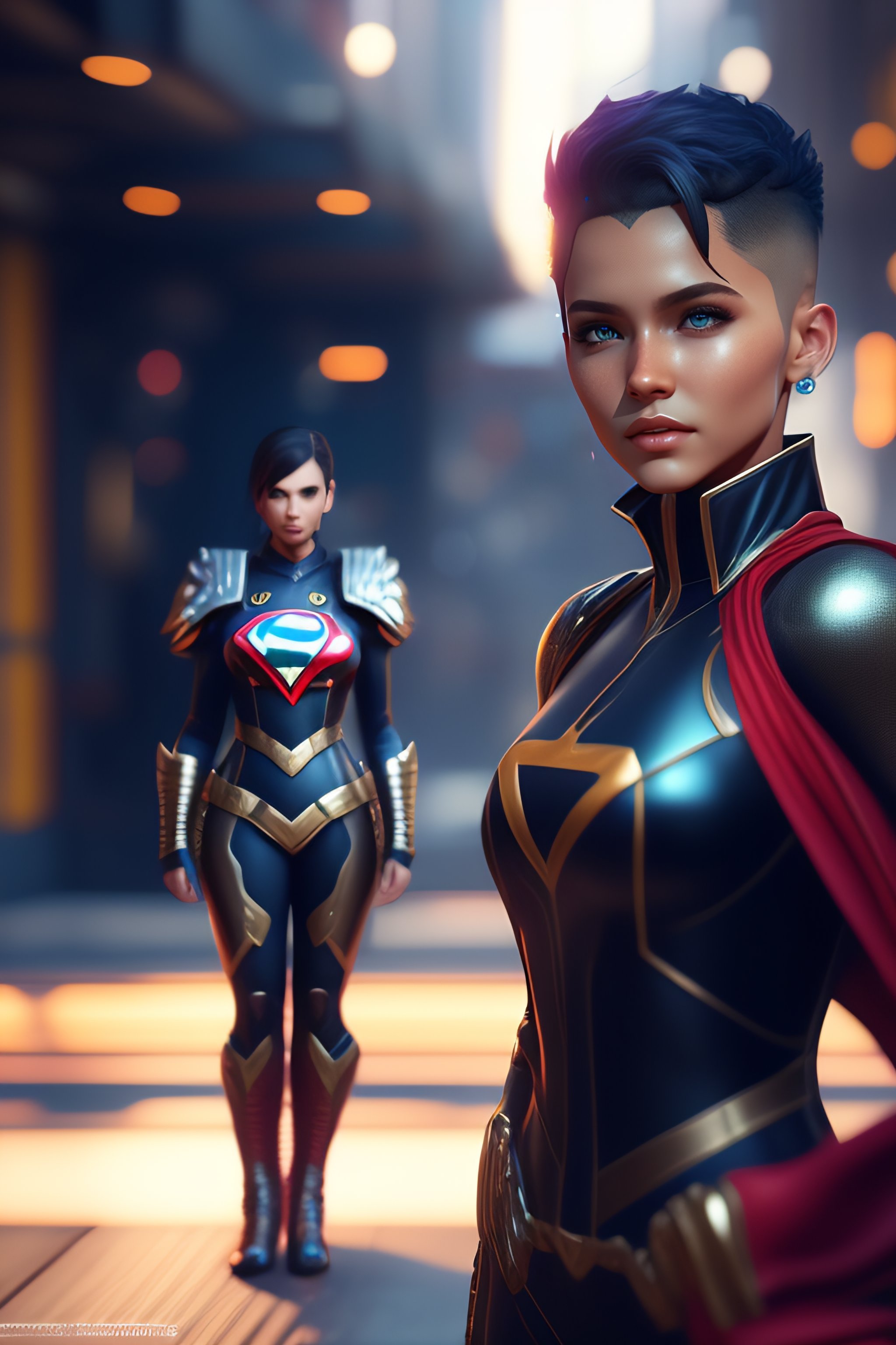 Lexica - Superhero clothes with short hair girl, battle status, hyper ...