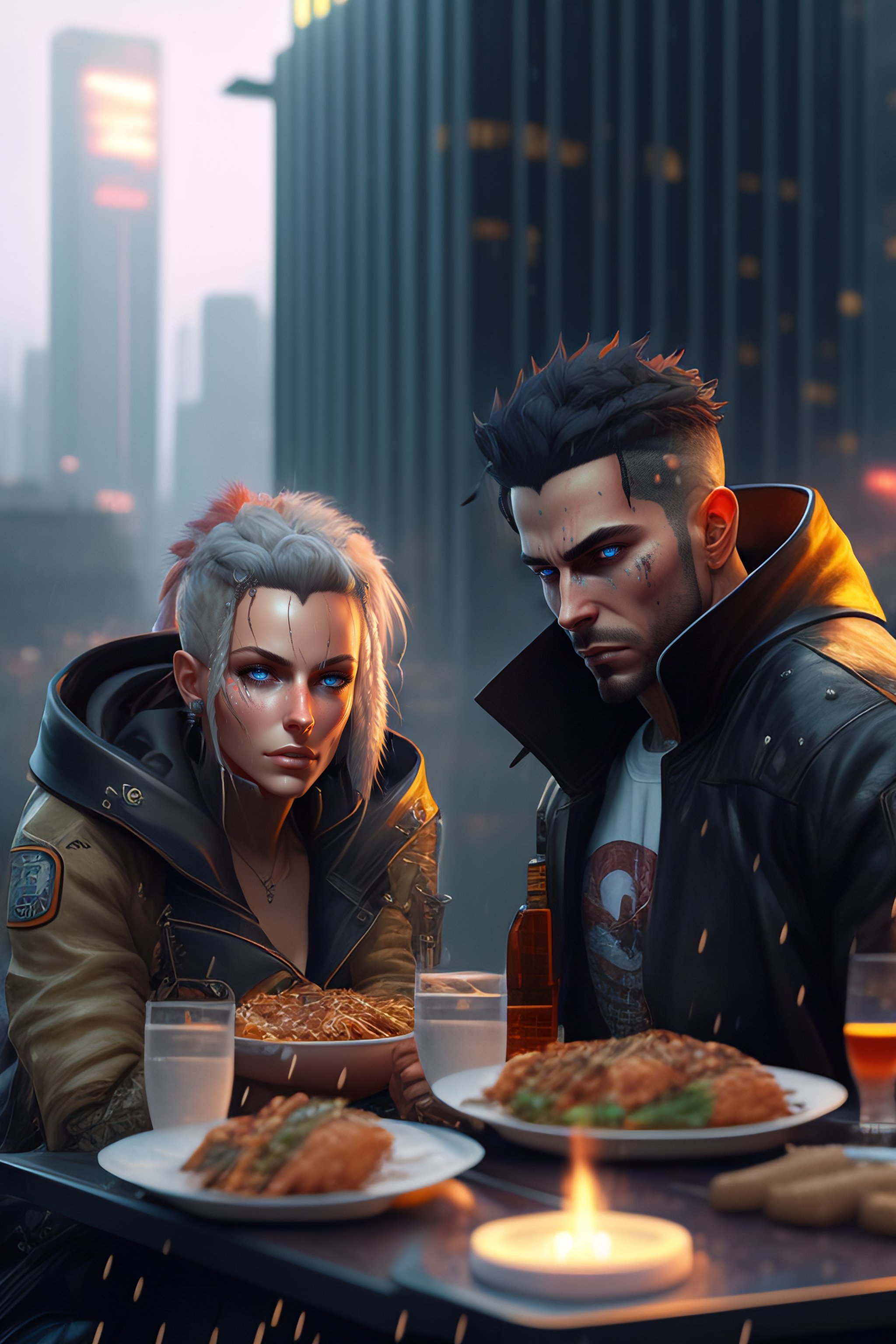 Lexica - A group of damaged cyberpunk cyborg eating boxes on a table ...