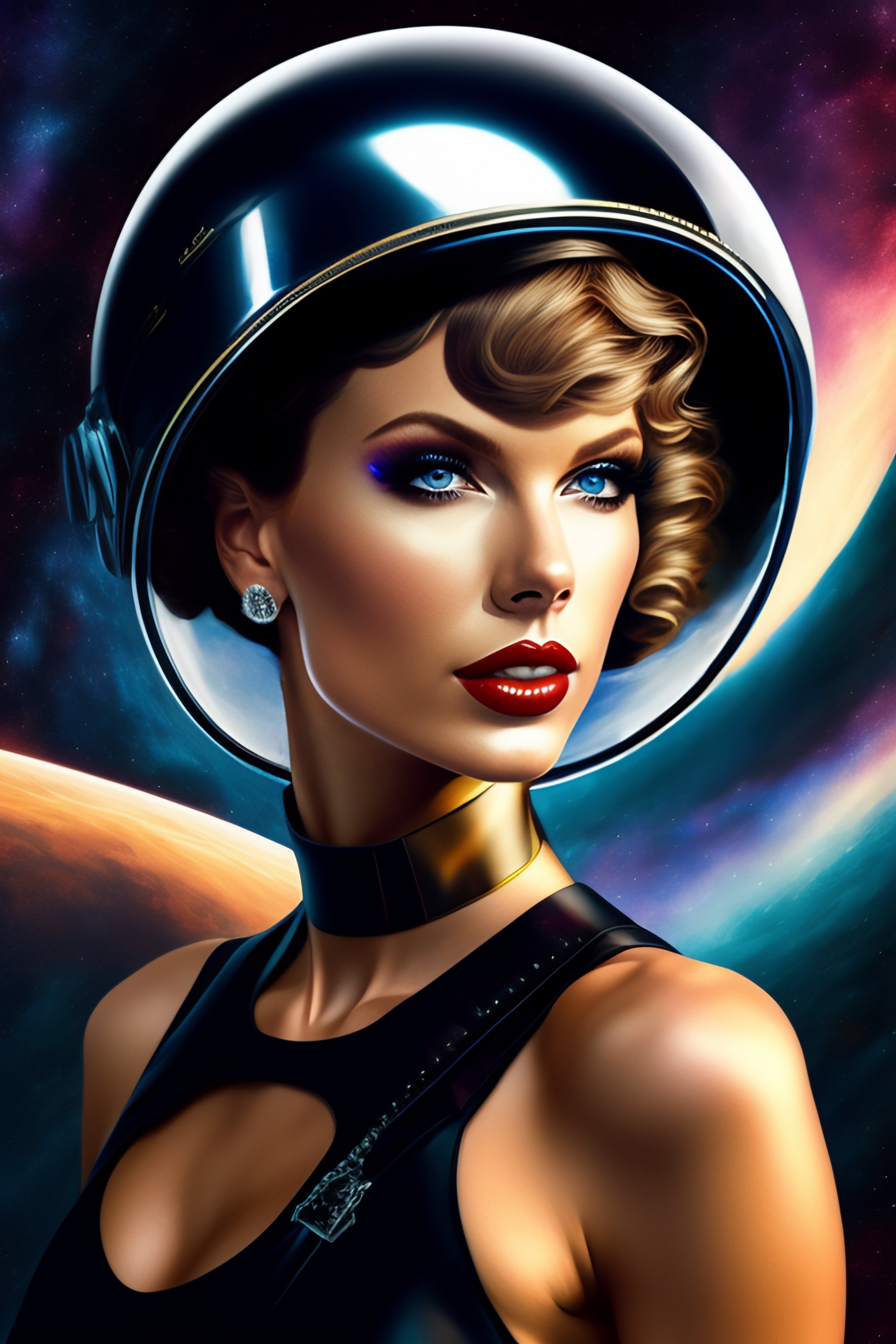 Lexica - Taylor Swift, space captain, Full body view, wearing in black pilot suit, Art by Caravaggio