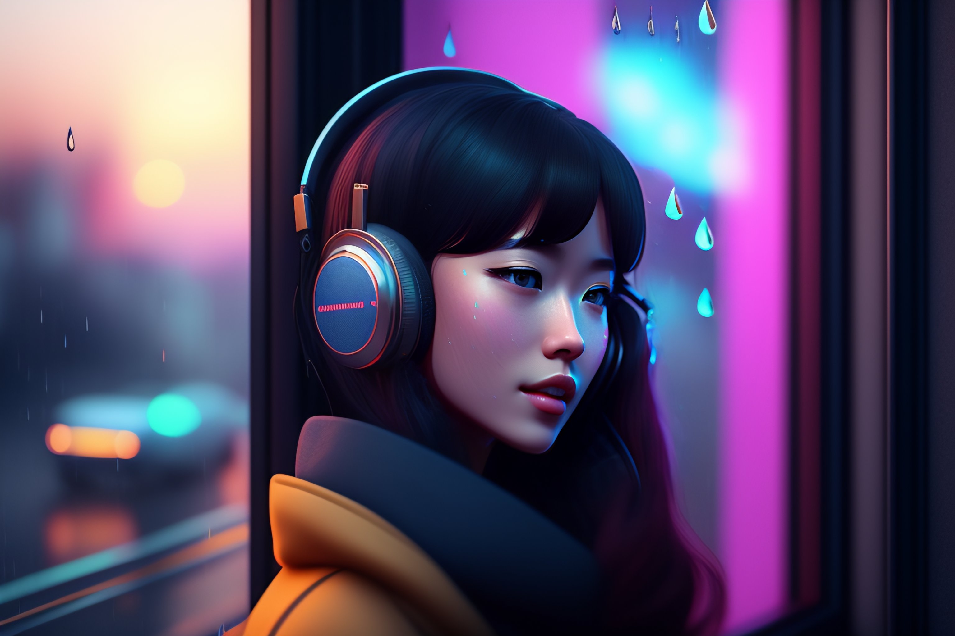 Lexica - A lofi girl with headphones is looking at a rainy window in ...