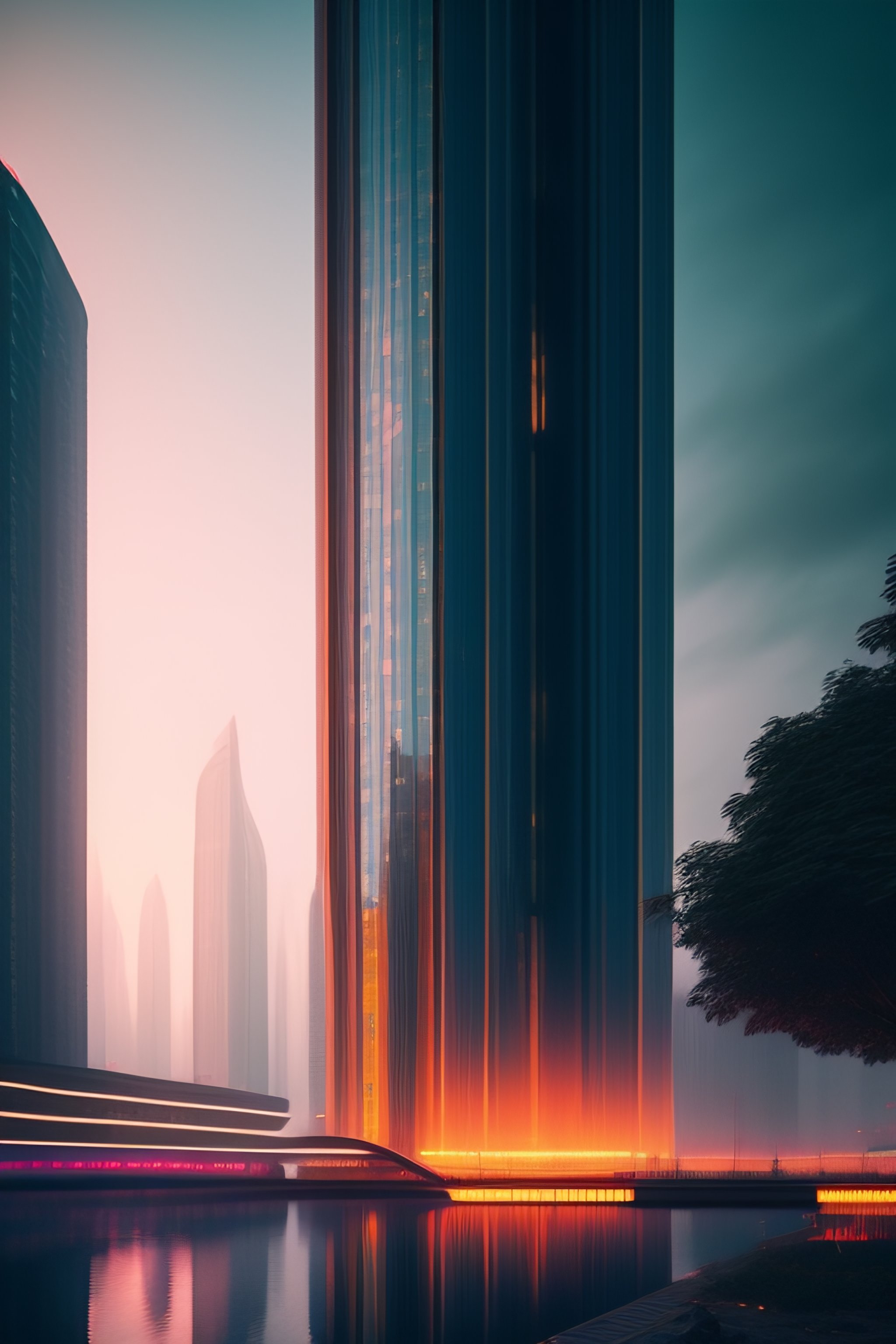 Lexica - Slow shutter speed photo of a cyberpunk city, tree, nature ...