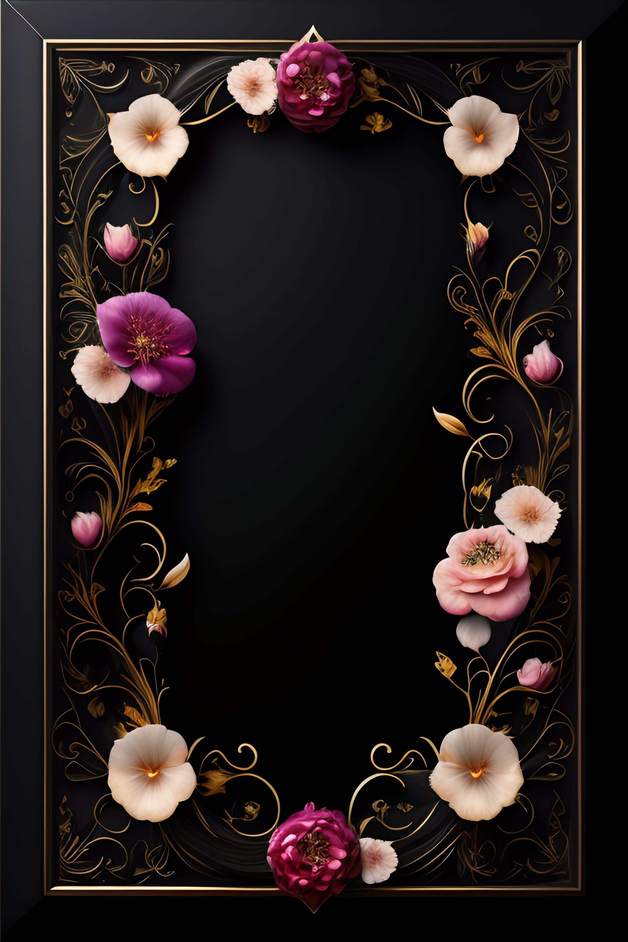 Lexica - "Create a feminine, dark floral ,design a frame using a black ...
