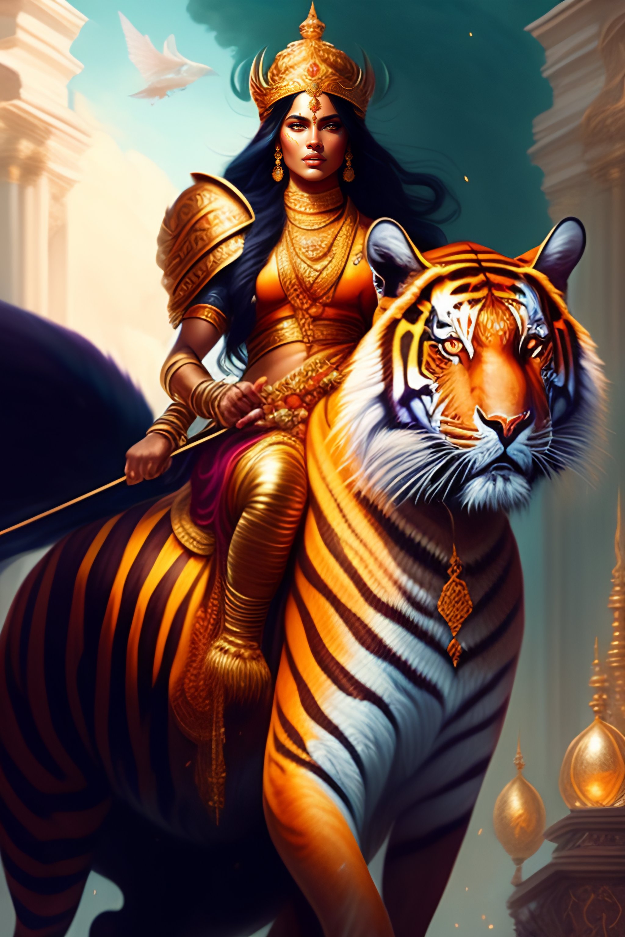 Lexica - Image of goddess durga riding tiger, d & d, beautiful ...