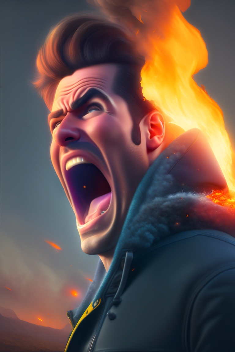 Lexica - Man frustrated, looking up, shouting, and there's fire in the ...