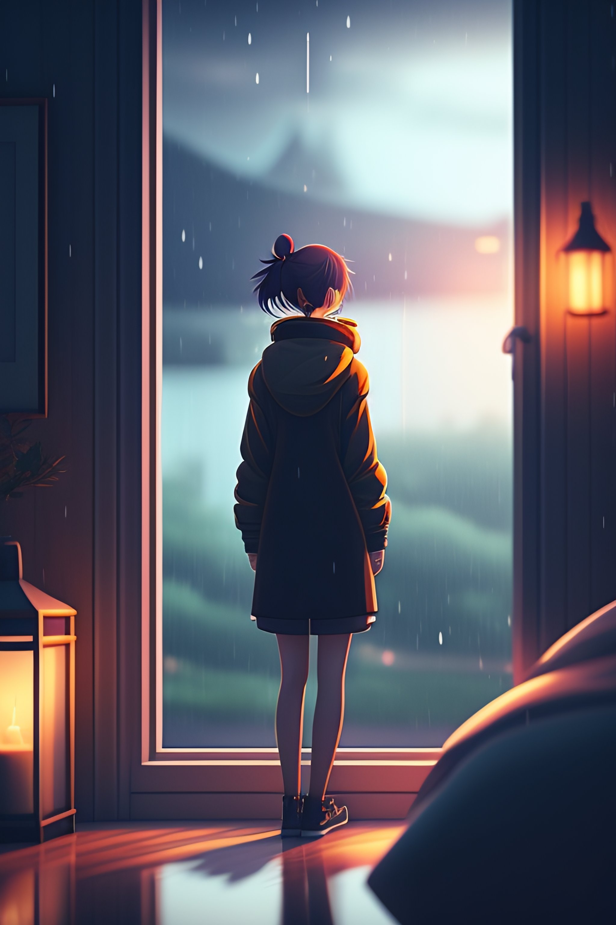 Lexica - A girl viewing a windows inside bedroom at rainy night makoto ...