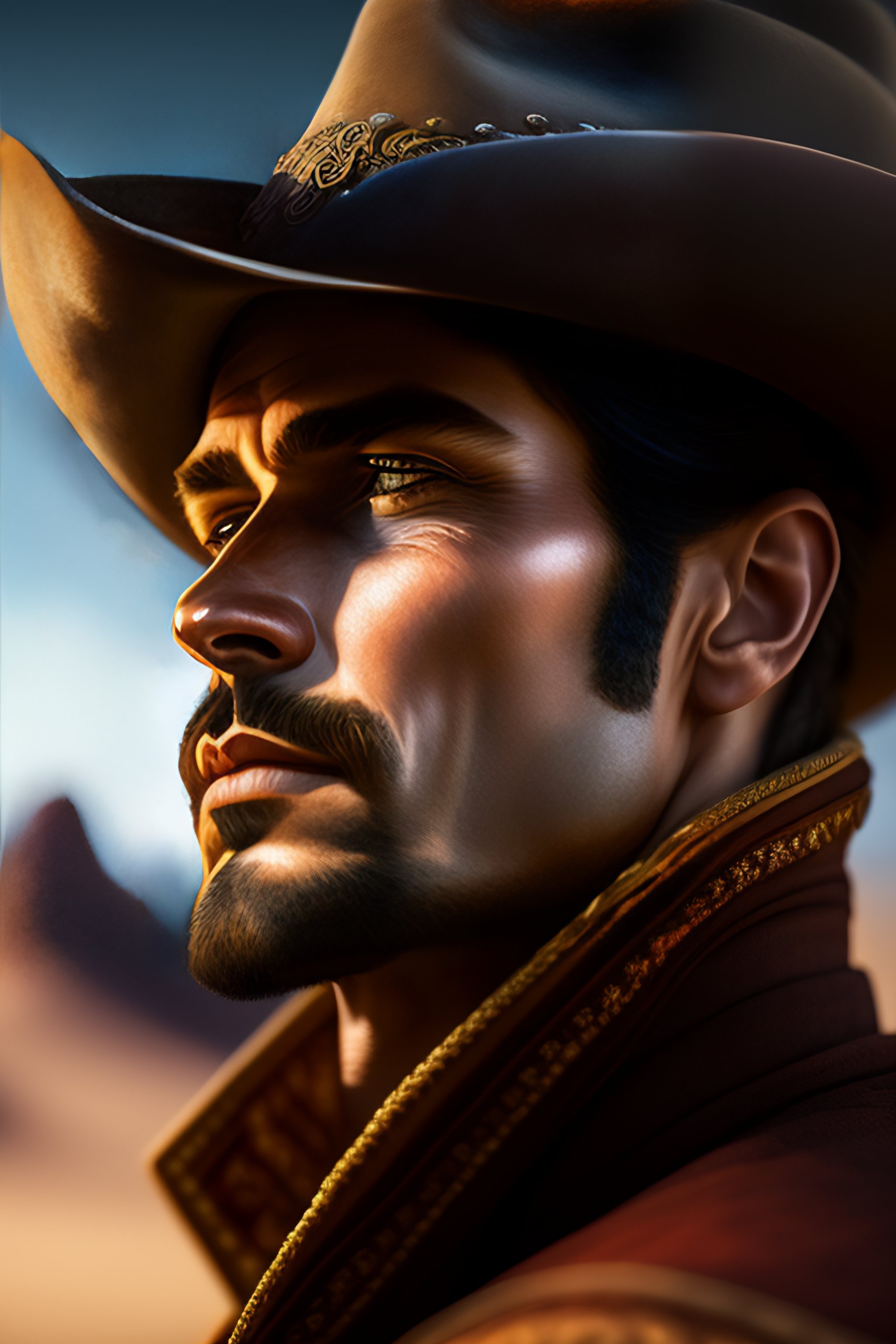 Lexica - Closeup portrait shot of a western cowboy in a scenic western ...