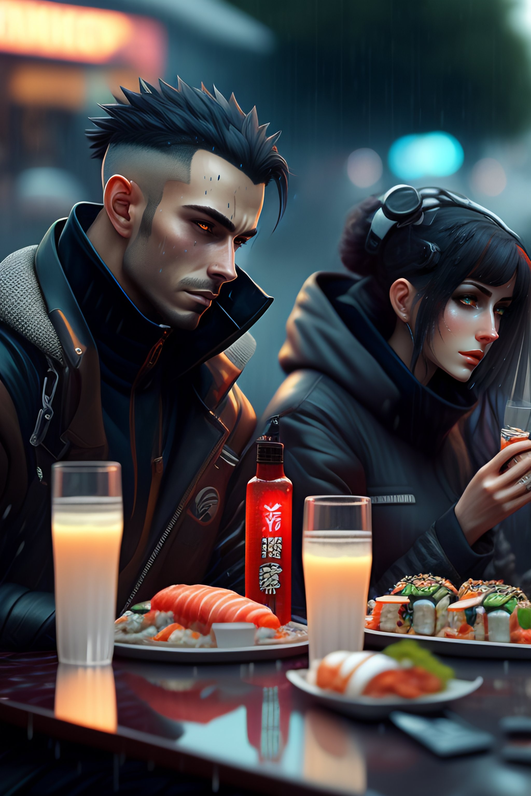 Lexica - A group of cyberpunk cyborg eating sushi on a table outside in the rain, art by Range ...