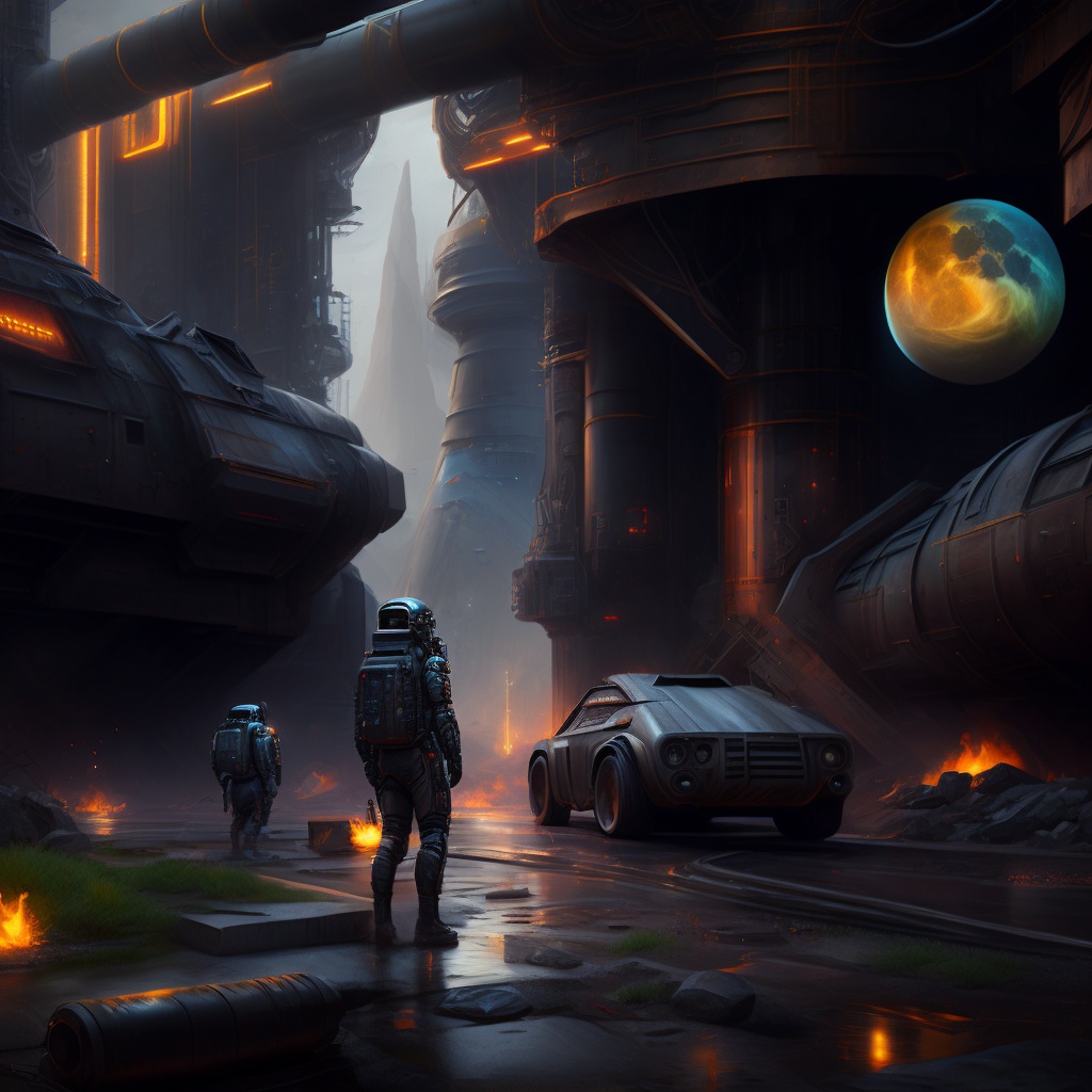 Lexica - Charcoal painting of futuristic outer space junkyard ...