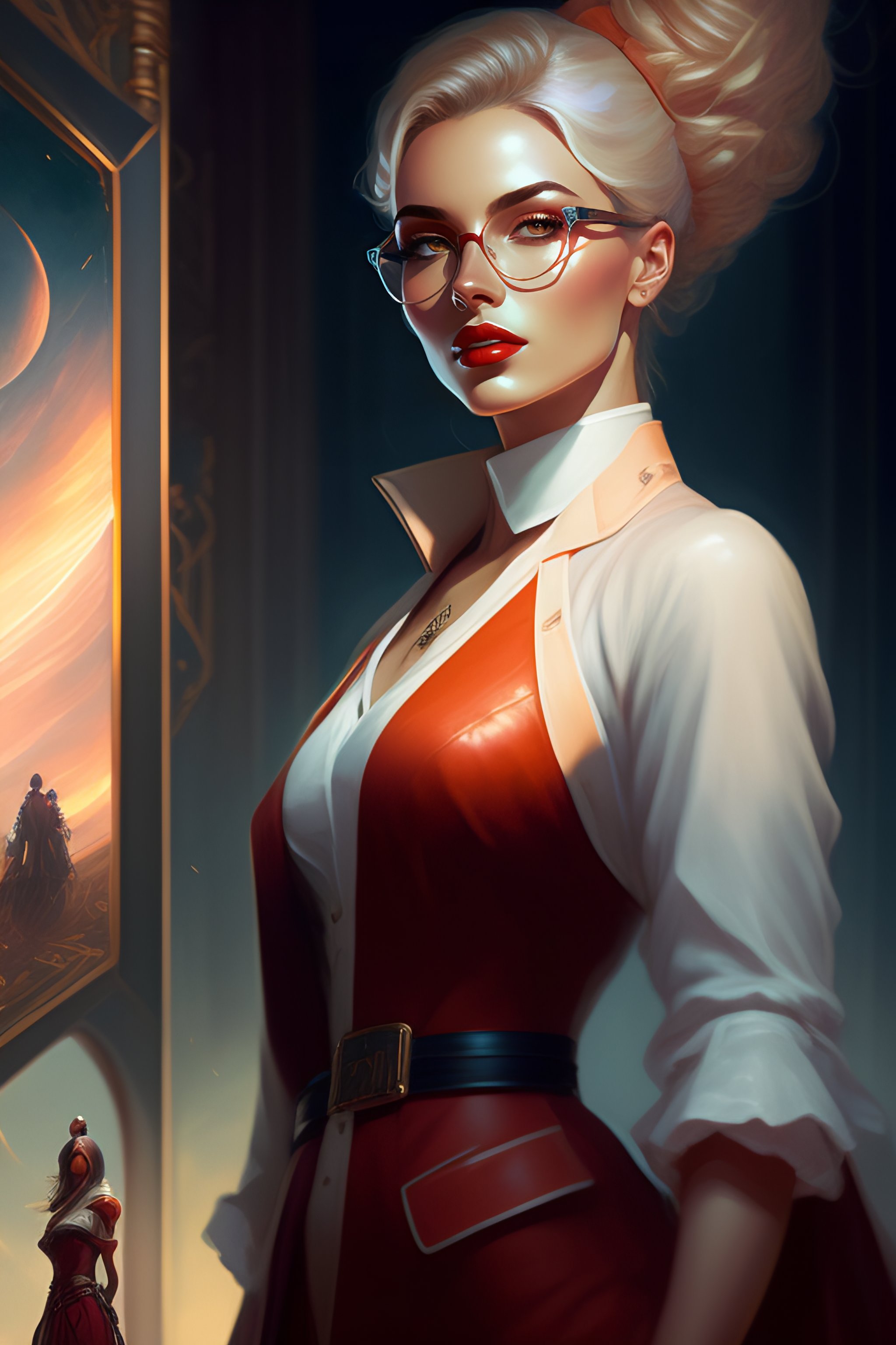 Lexica - A beautiful woman in linen in a lab coat and glasses holds a ...