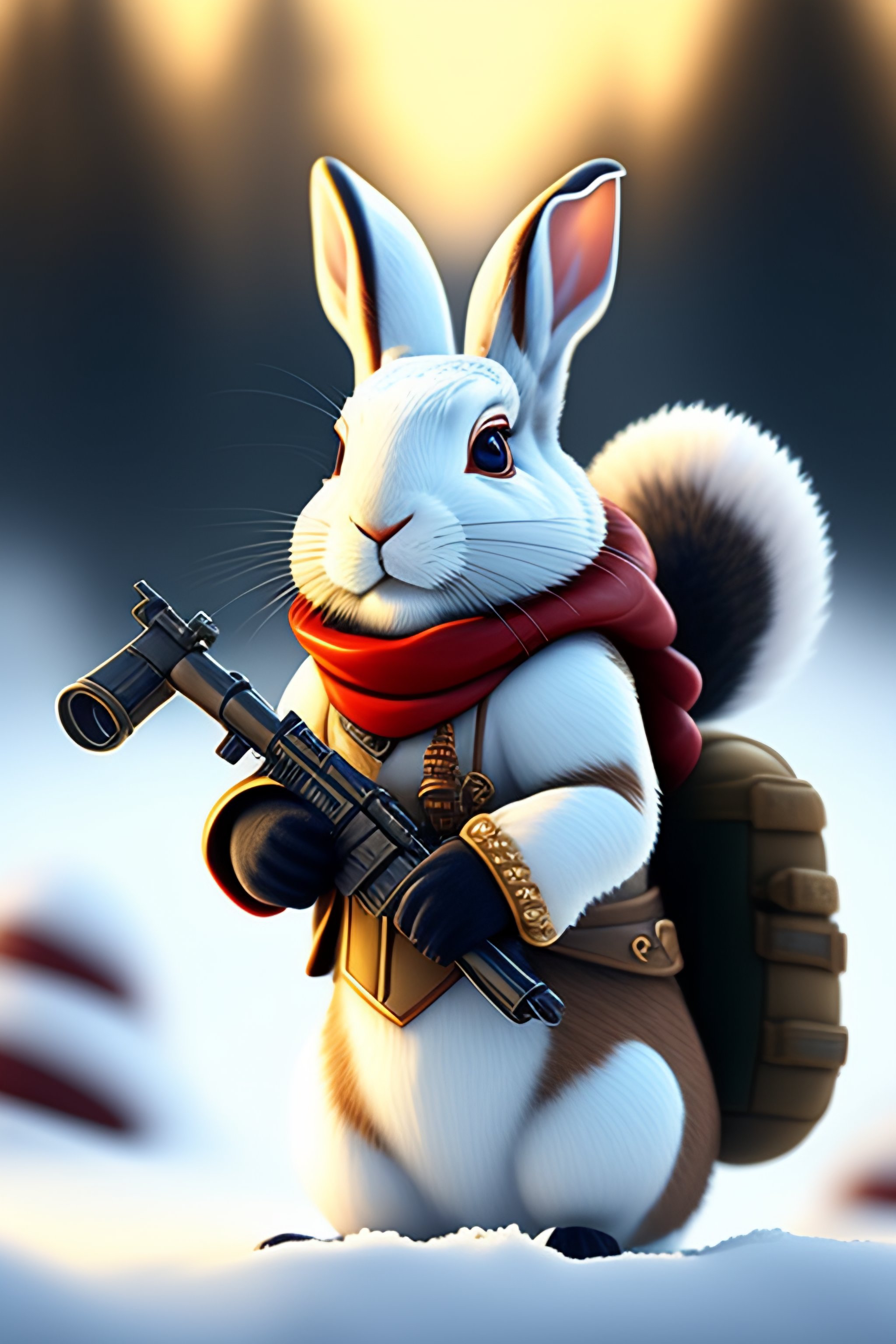 Lexica - A snow-white hare wielding a rocket-launcher from a video game.