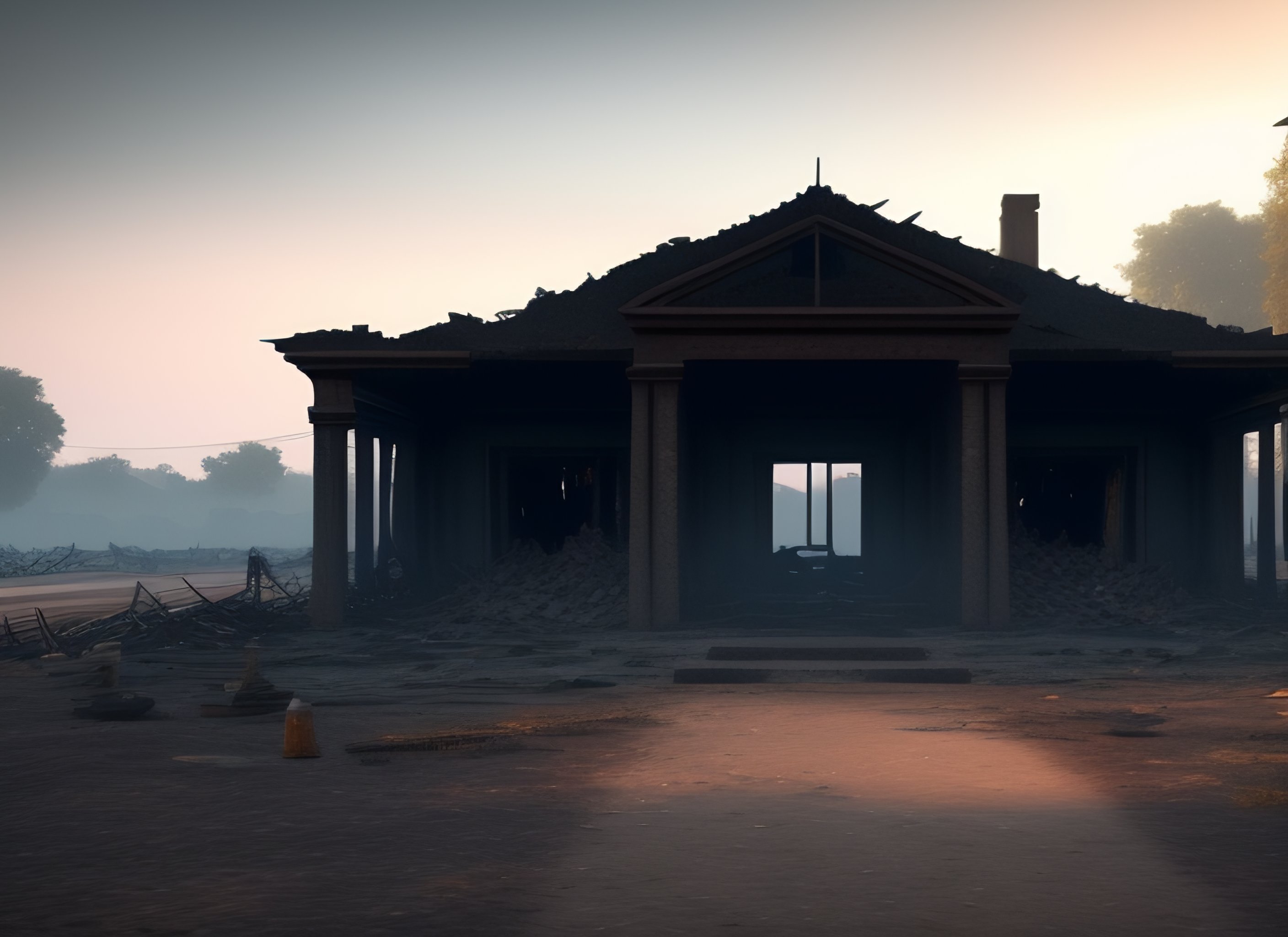 Lexica - Burnt down hall building. 4K, realistic. completely crumbled ...