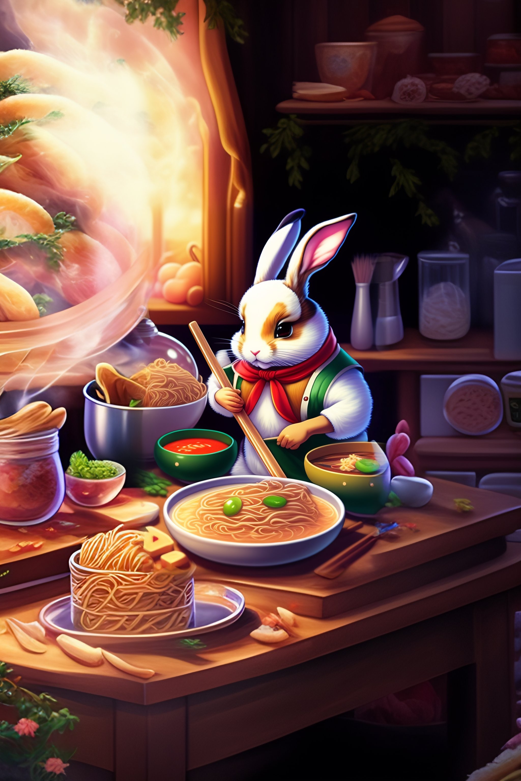 Lexica - Bunny chef making ramen, manga style, surreal