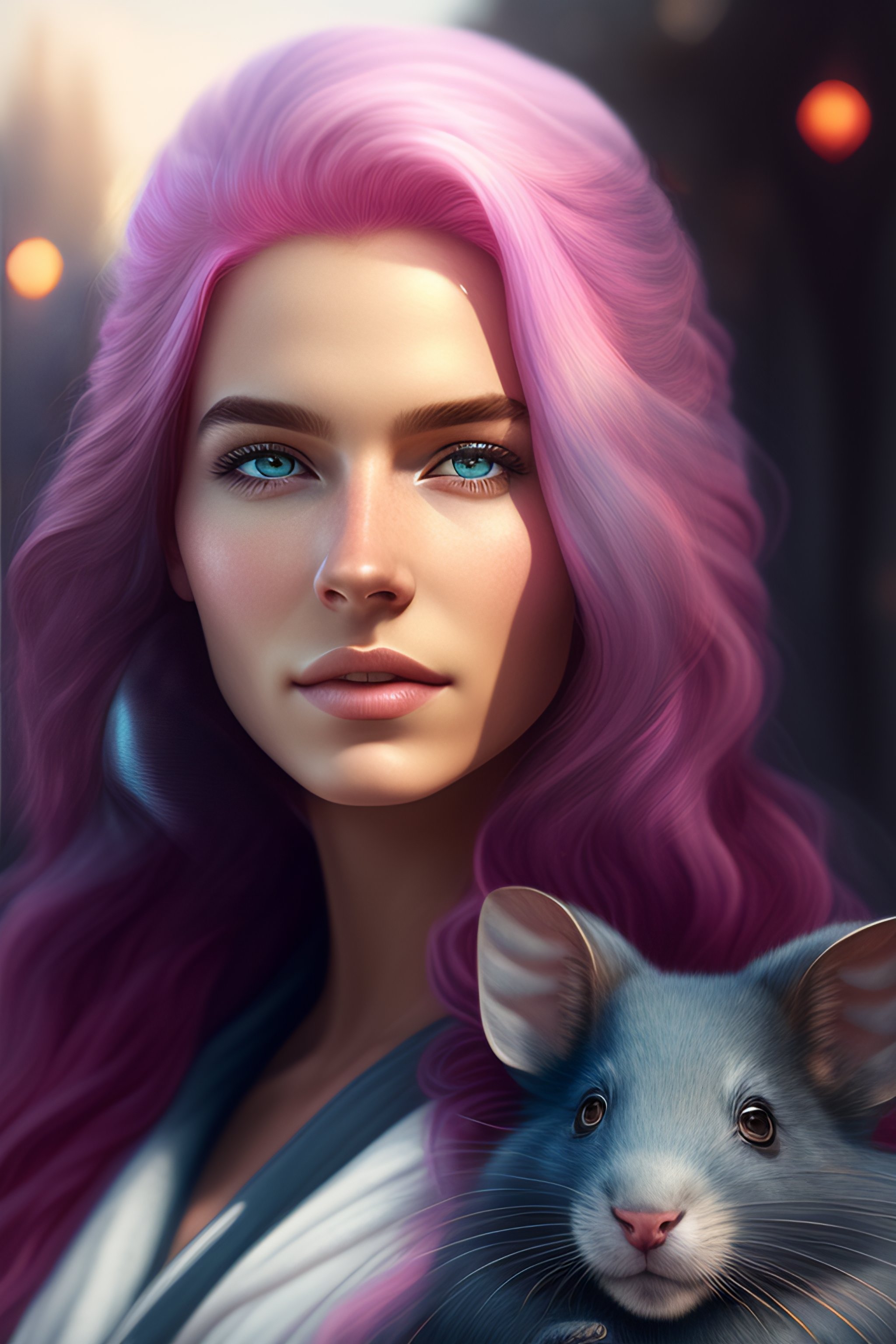 Lexica - Portrait of a girl with pink hair and gray eyes holding a rat ...