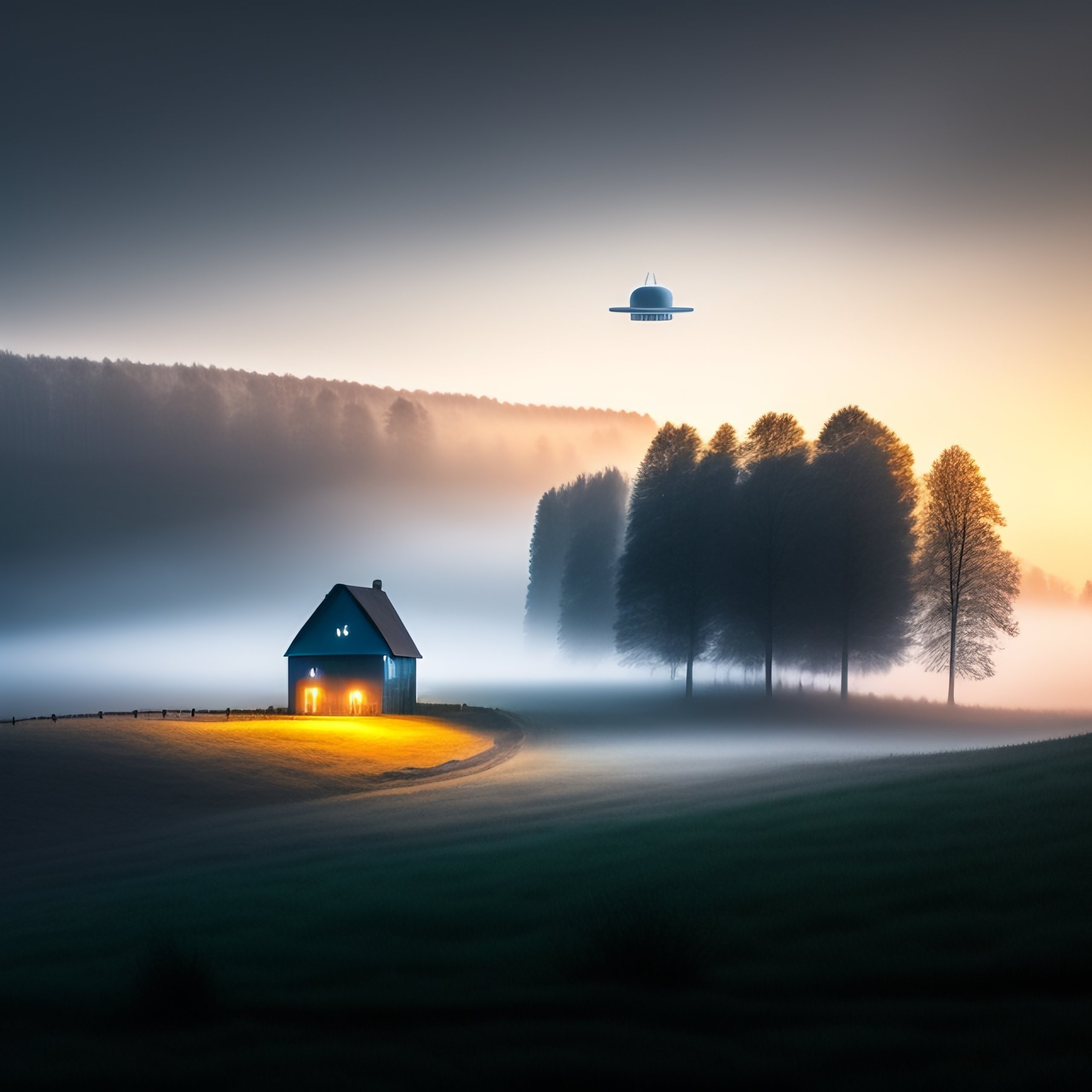 Lexica - A ufo hovering above a tiny stone farmhouse in the middle of a ...
