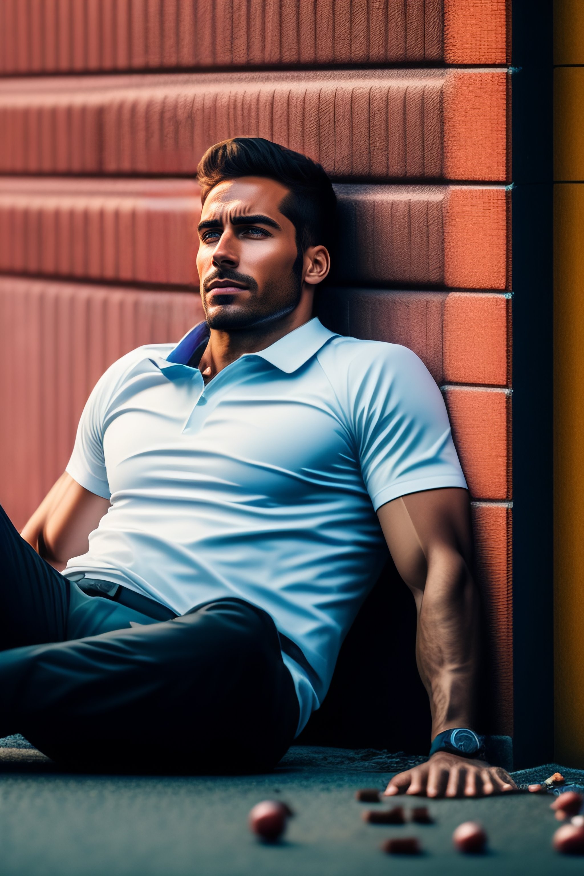 Lexica - Man lying on the ground shot leaning against a wall bleeding