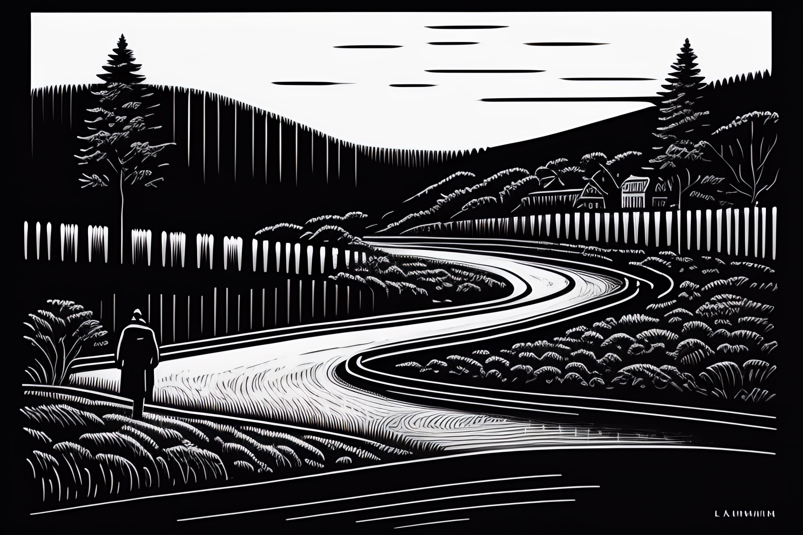 Lexica - Engraving liminal space black and white linocut landscape ...