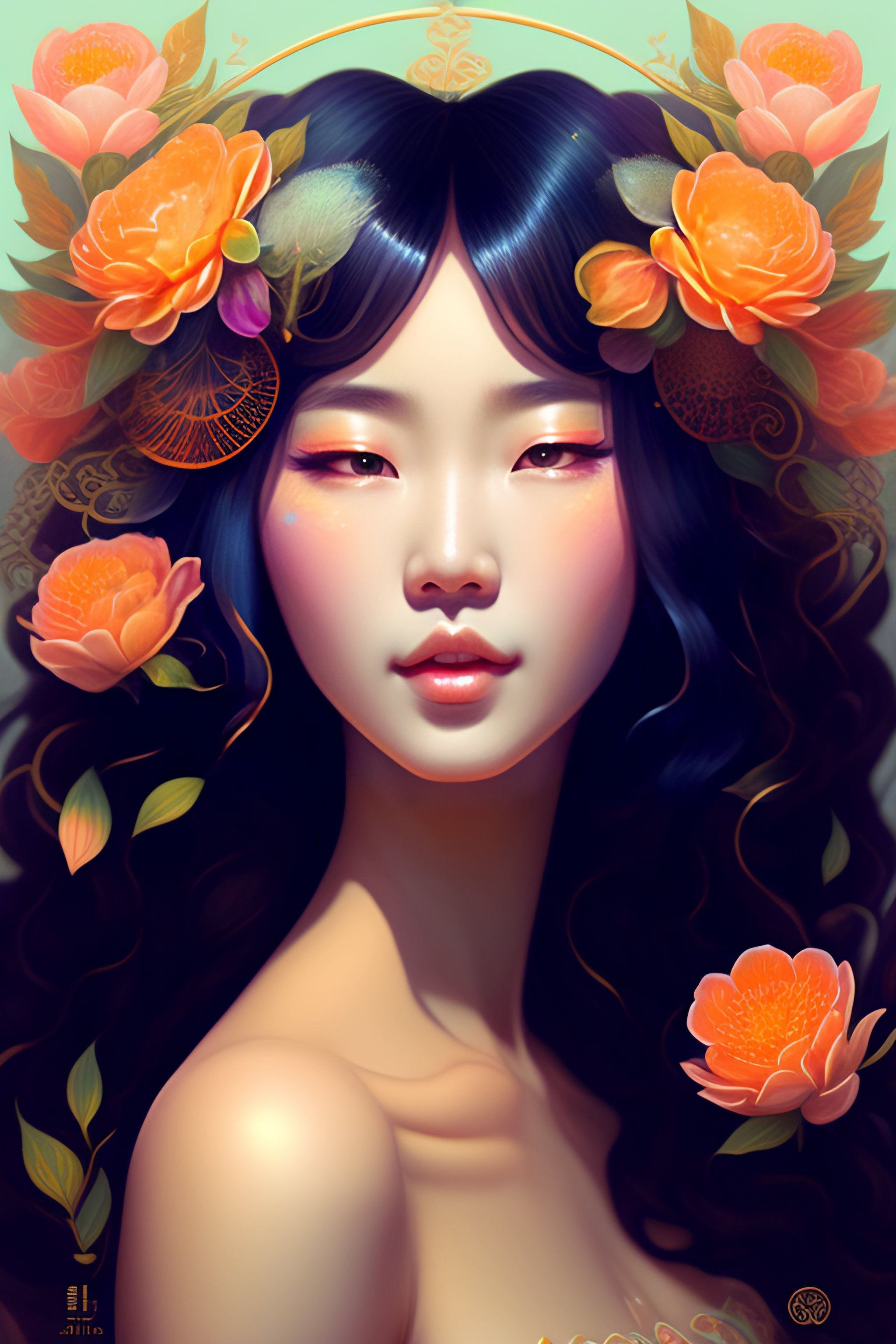 Lexica - Beautiful cute front portrait Korean ninfa, big long curly ...