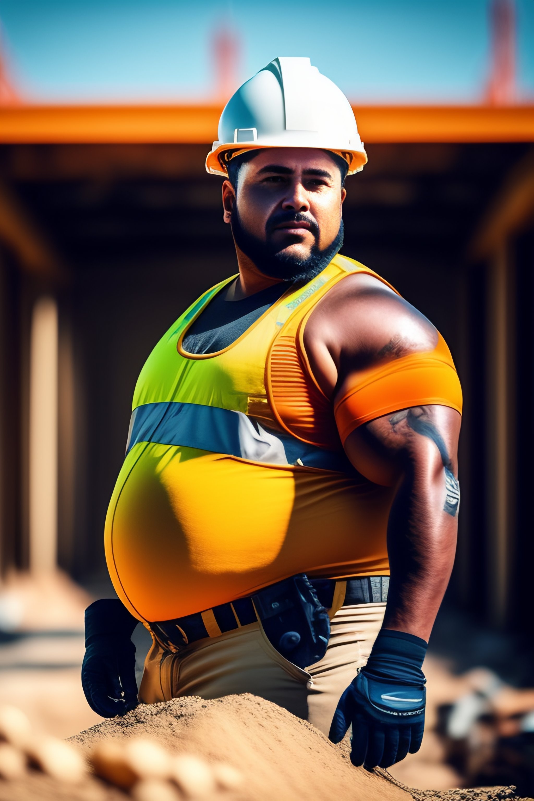 Lexica - A construction worker, with a (large belly)++++++, amateur photo