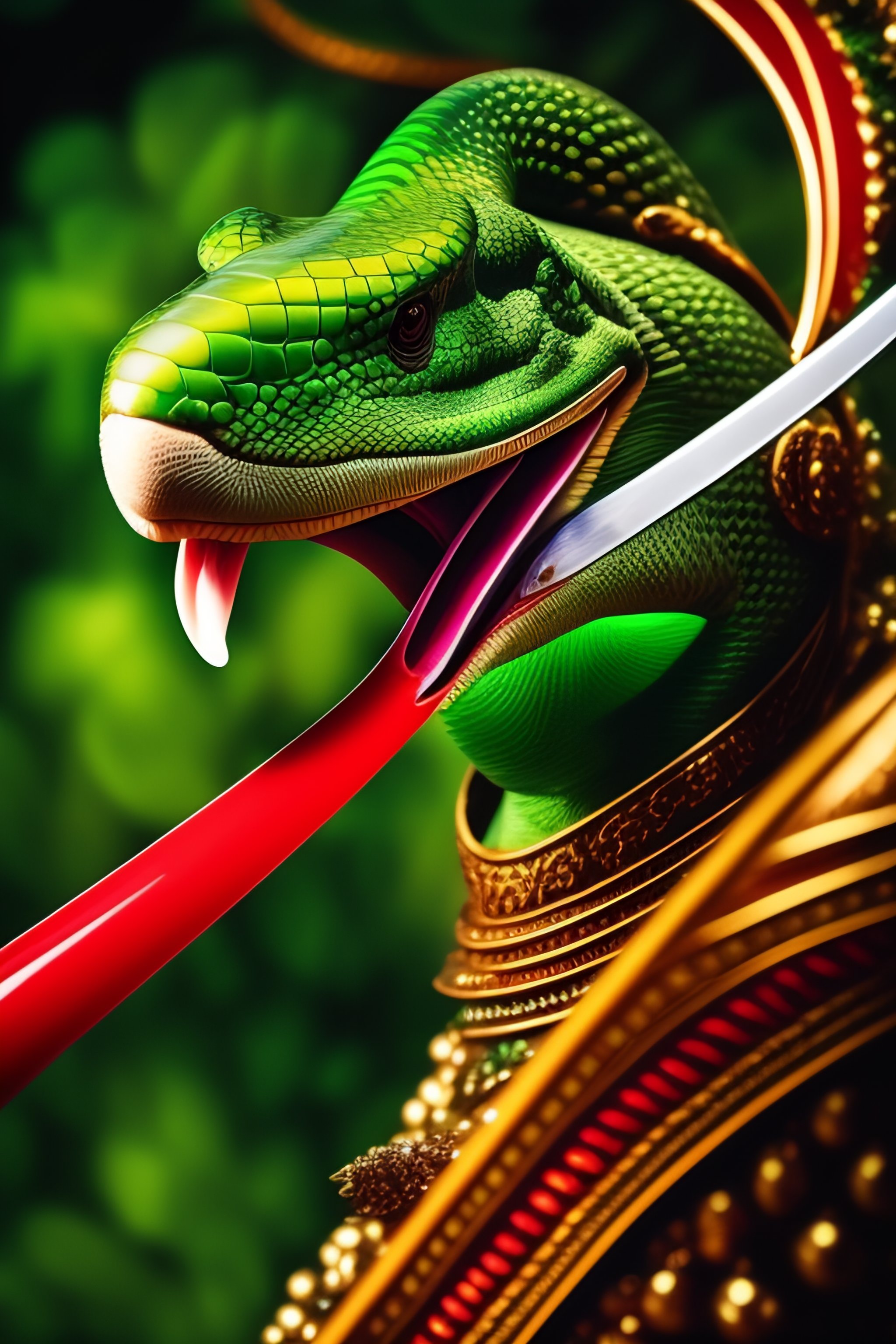 Lexica - Big green snake eating a sword warrior picasso style