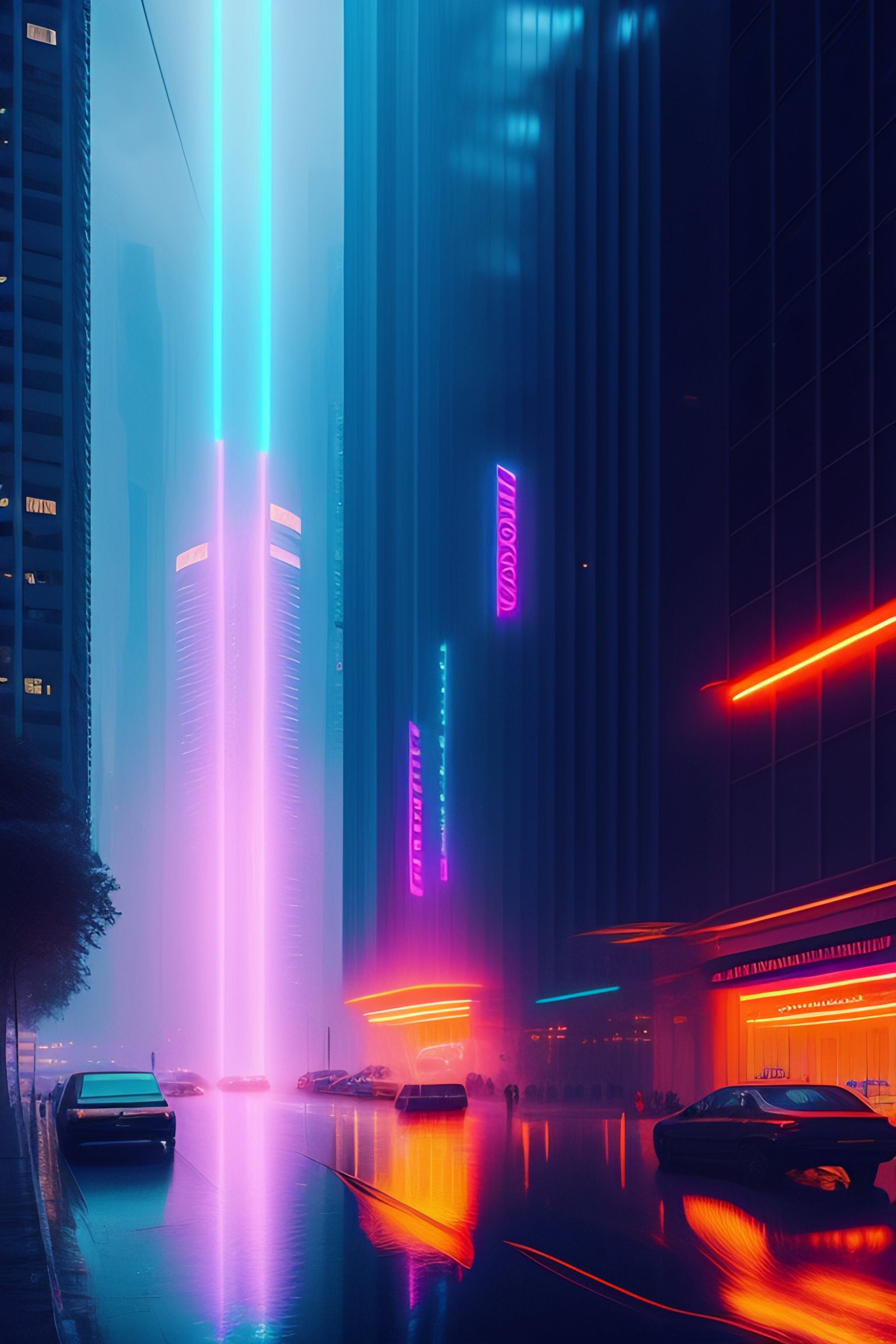 Lexica - Slow shutter speed photo of a cyberpunk city, tree, water ...