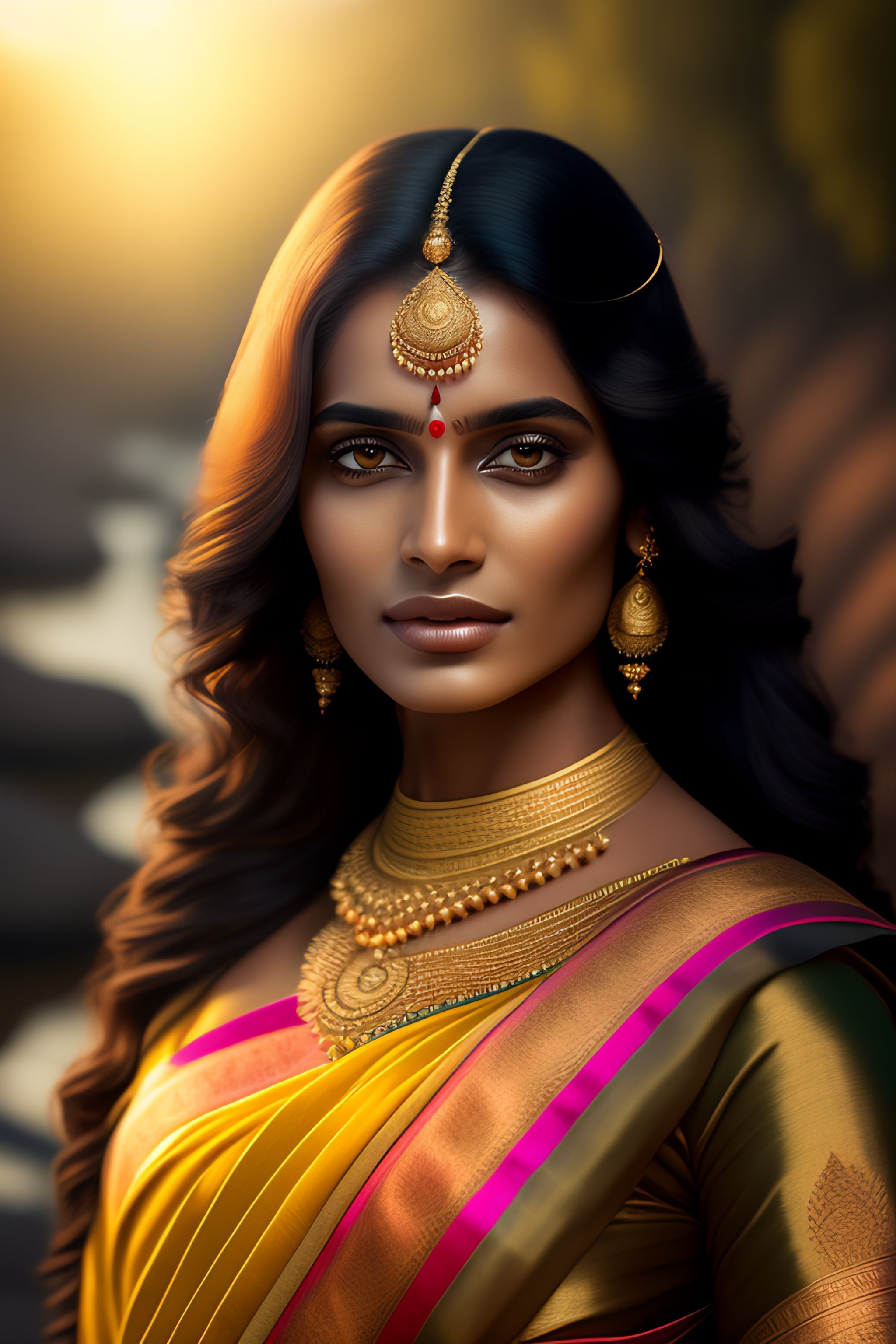 Lexica - Portrait of 1 pure young India woman, standing by a river in ...