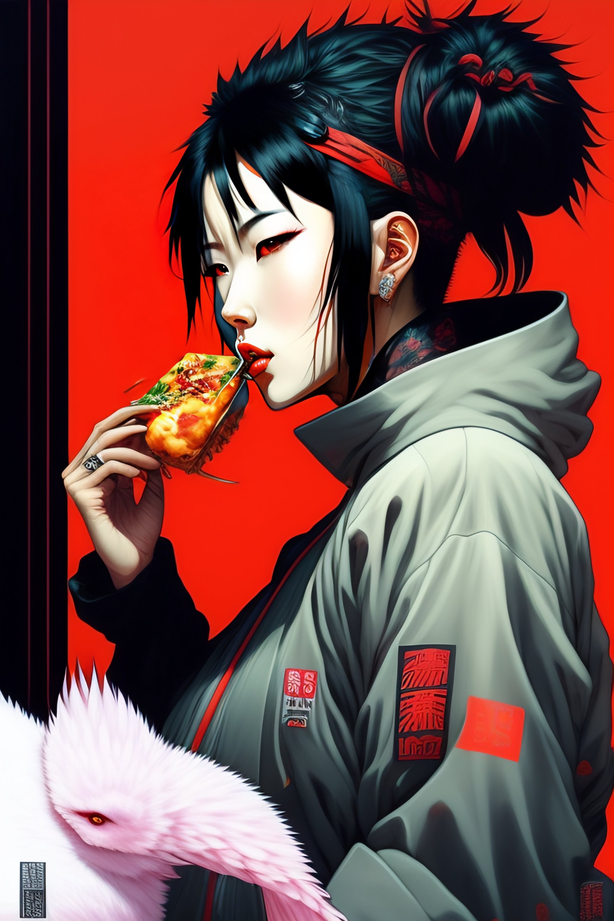 Lexica - A beautiful ukiyo painting of cyberpunk ninja eating chicken ...