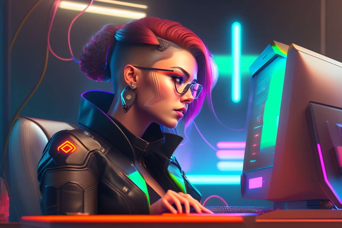 Lexica - Cyberpunk, graphics, beautiful girl marketer, low-poly, at a computer desk, looking at ...