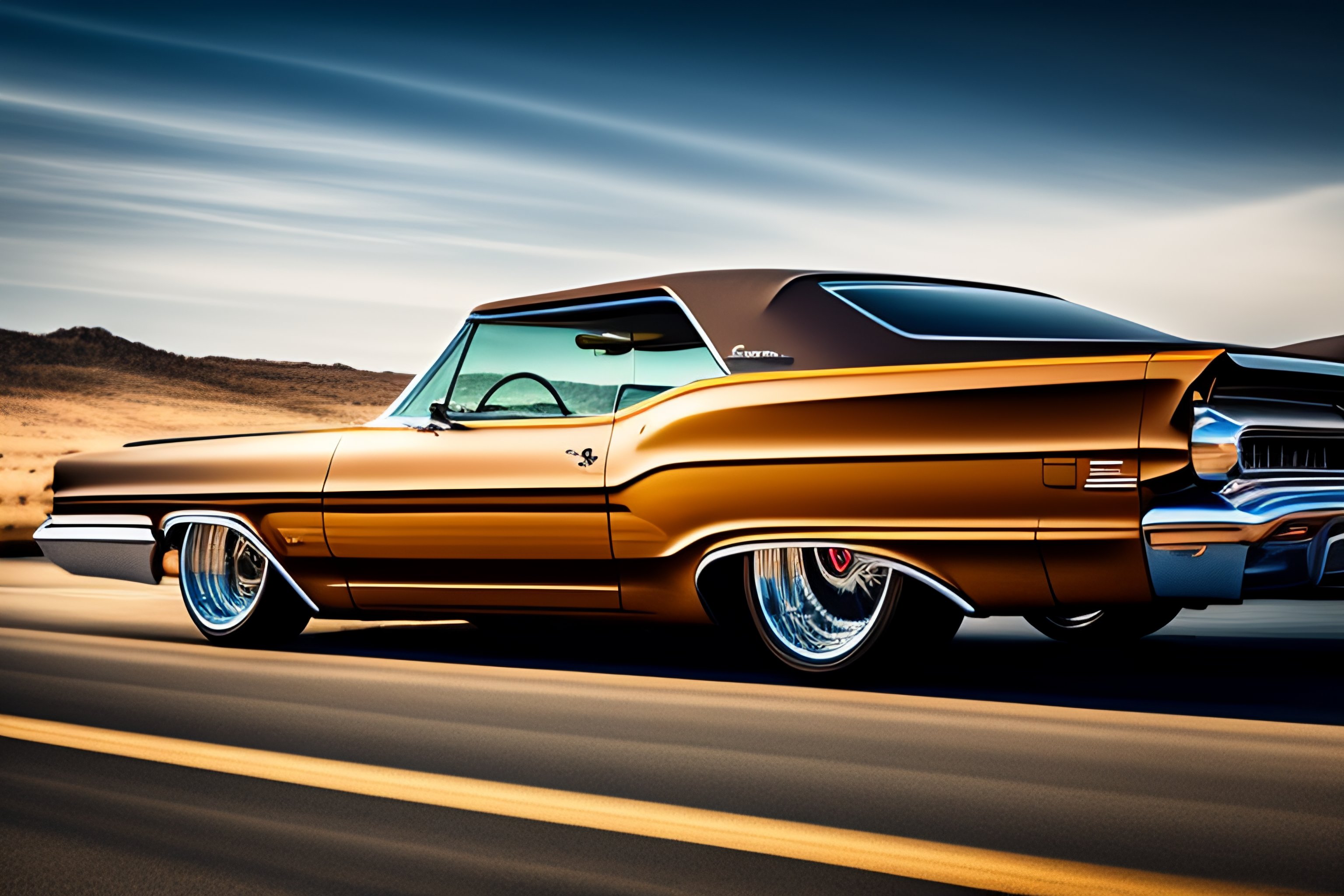 Lexica - The side of a lowrider with wheels on the freeway