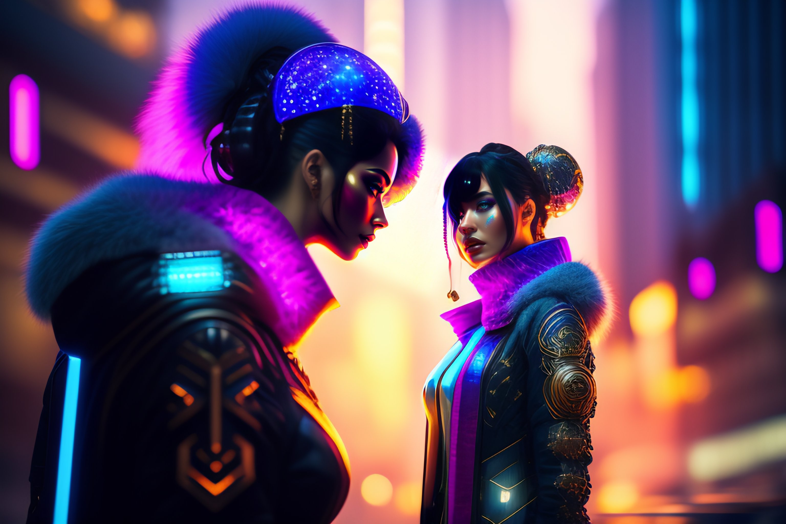 Lexica - Beautiful sci-fi girl from future wearing furry coat pink blue ...