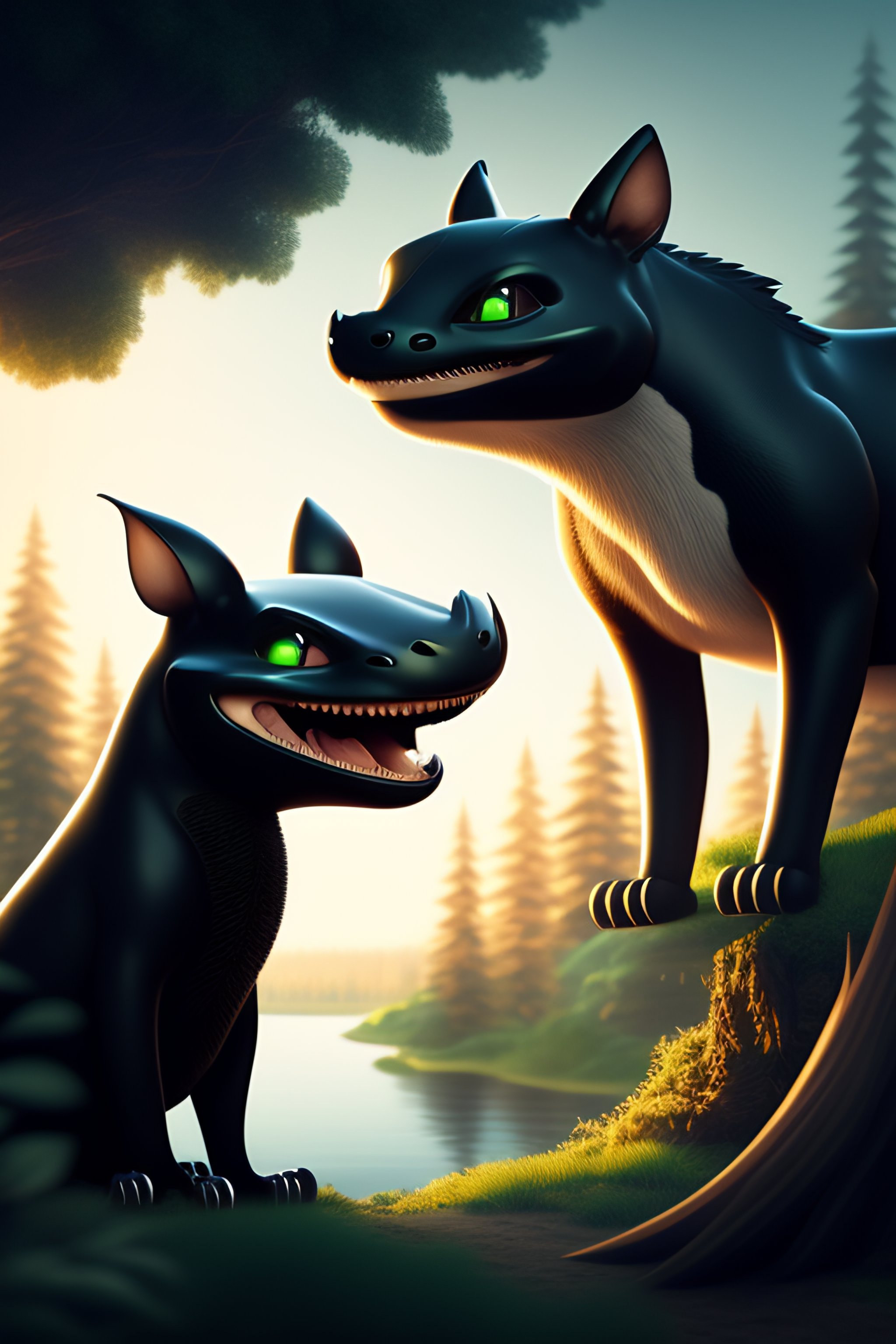 Lexica - Anthropomorphic Toothless in a middle of forest with river